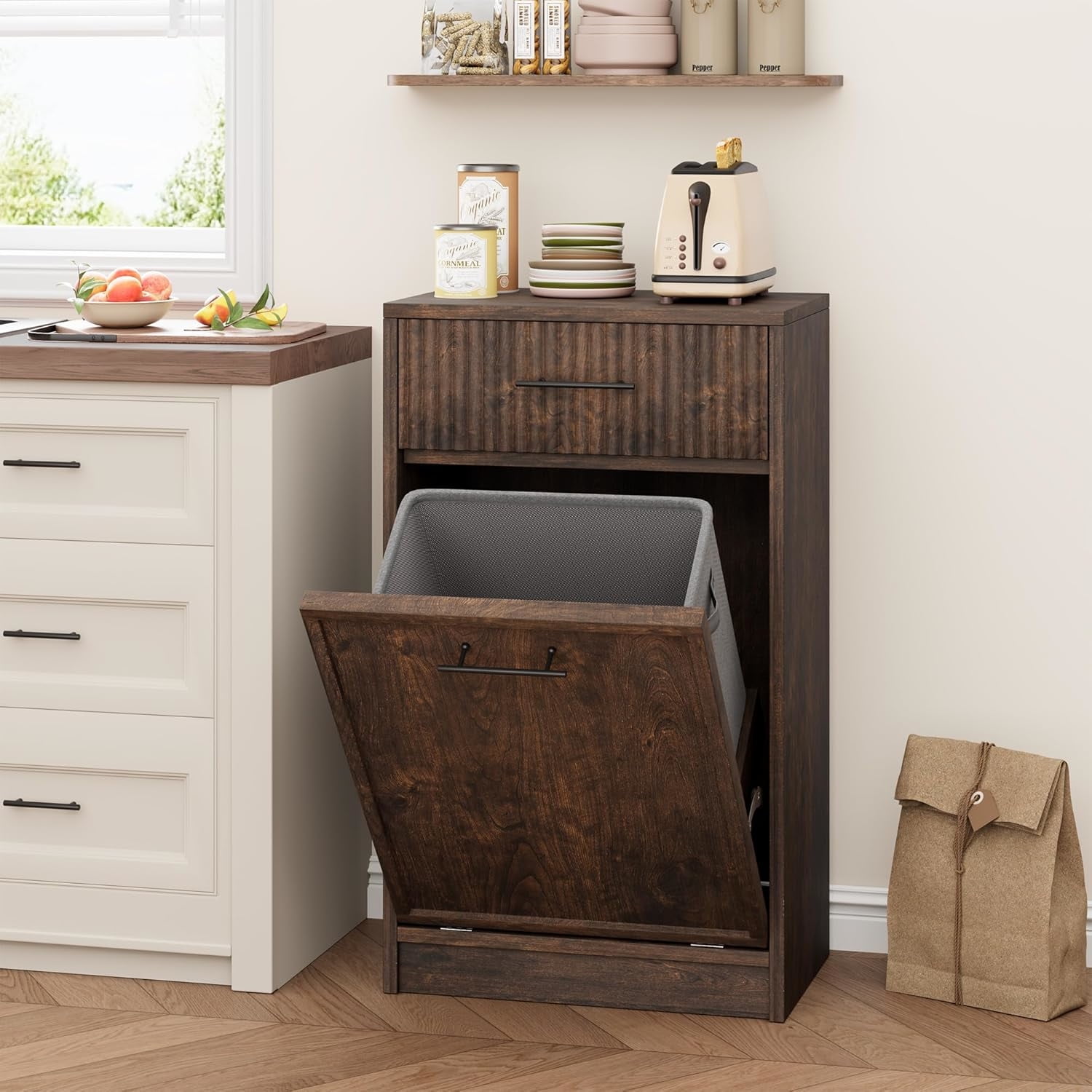 AOILE Fluted Tilt-Out Trash Cabinet – Double Hidden 10-Gallon Bin ...
