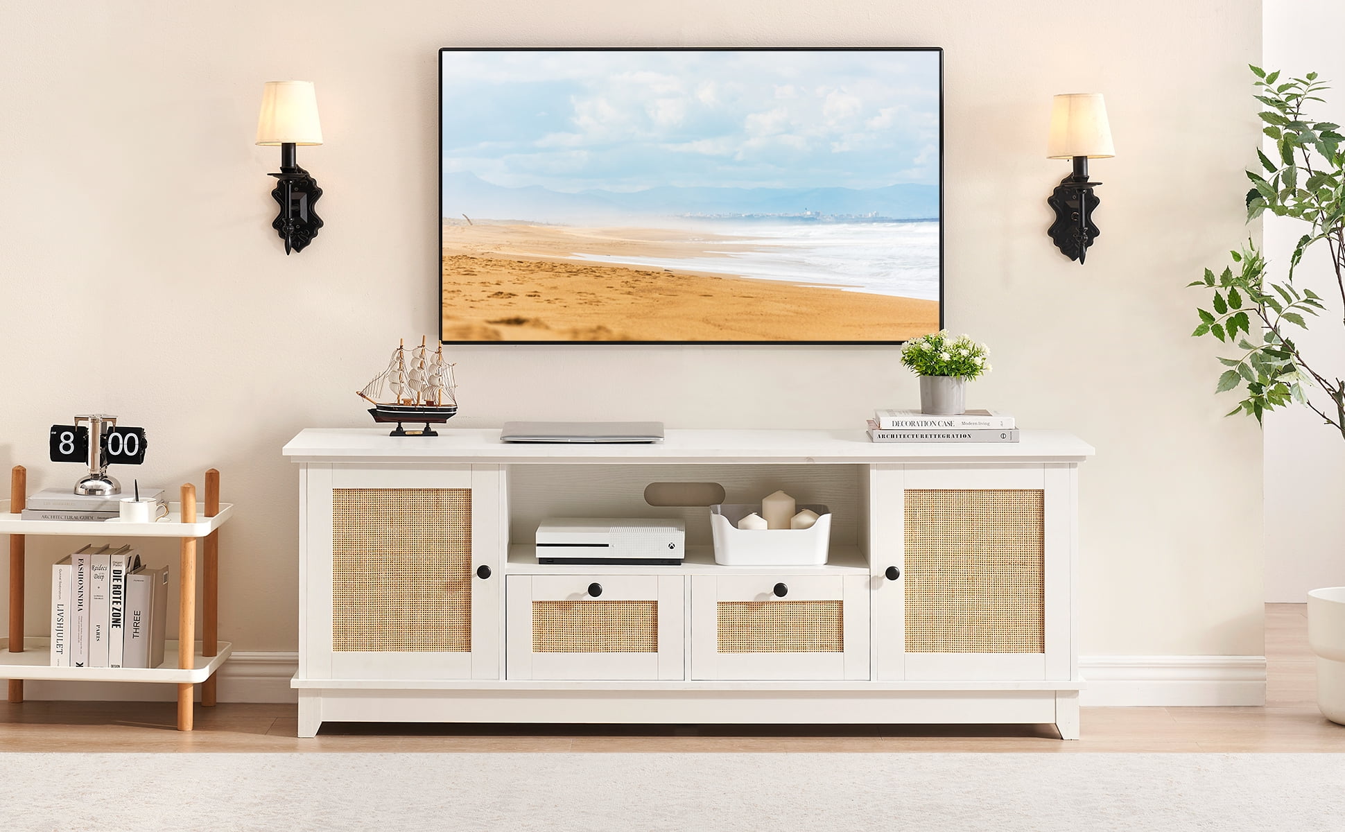 AOILE Modern TV Stand for 65+ Inch TVs – Rattan Entertainment Center ...