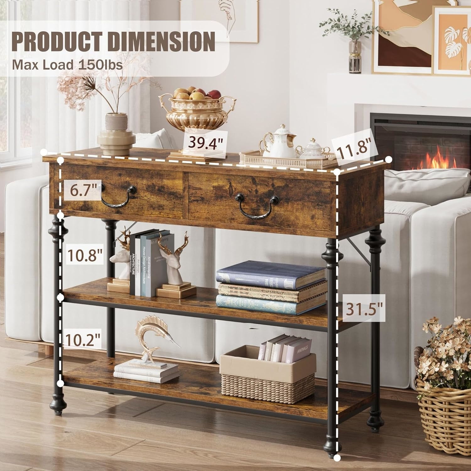 AOILE Narrow Console Table with 2 Drawers & Shelves – Rustic Brown/Grey ...
