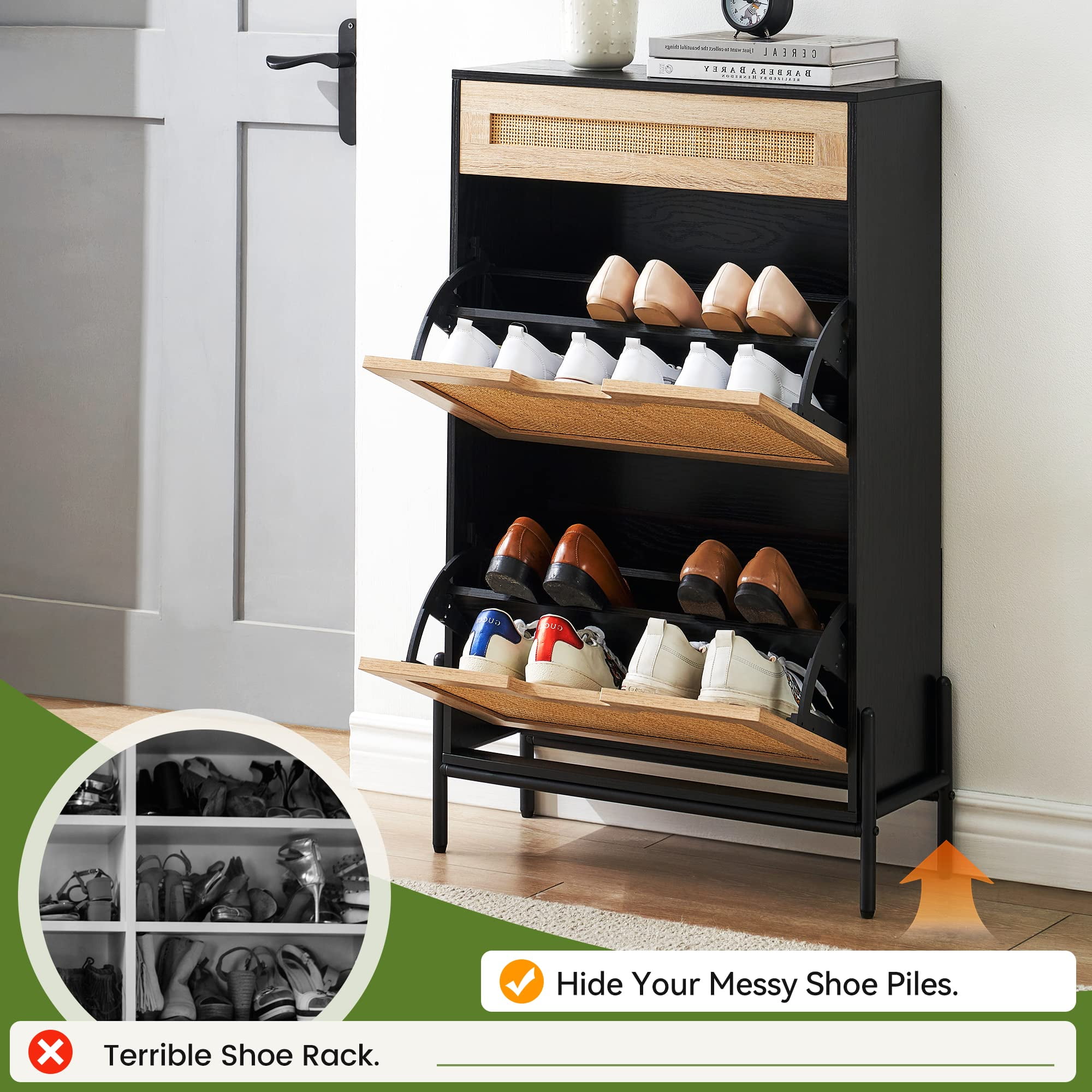 AOILE Natural Rattan Shoe Cabinet, 2 Flip Doors Narrow Shoe Storage ...