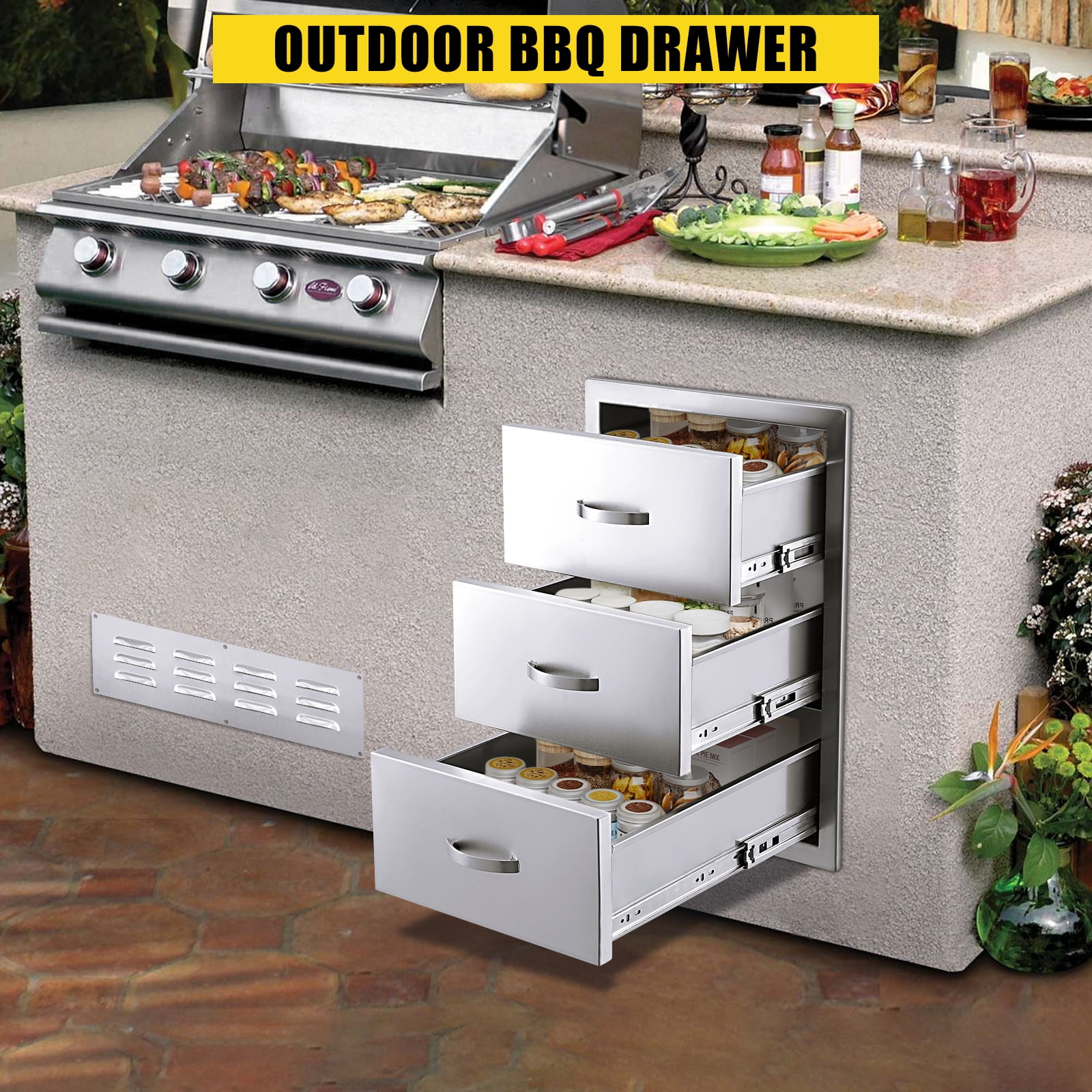 AOILE Outdoor Kitchen Drawers Flush Mount Triple Access BBQ Drawers ...