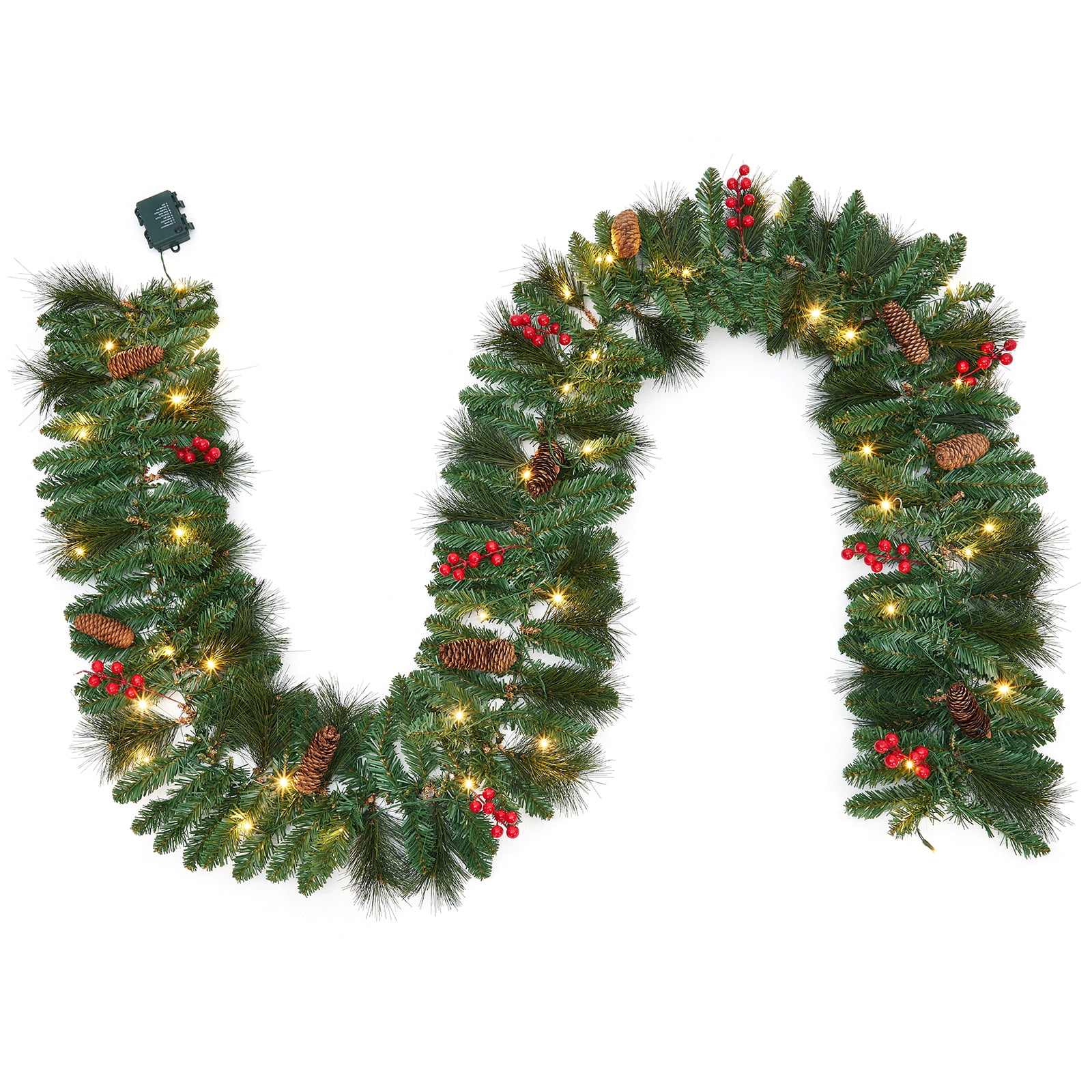AOILE Pre-Lit Christmas Garland with Pine Cones & Berries, Battery ...