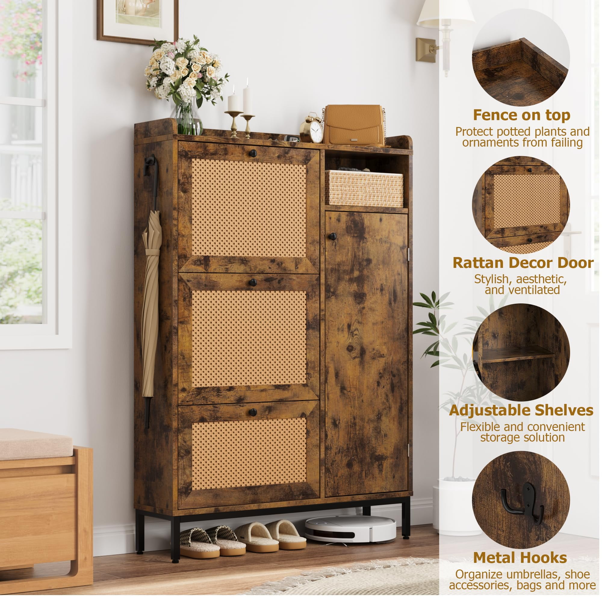 AOILE Rattan Shoe Cabinet, 3-Tier Flip Drawer Shoe Storage with ...