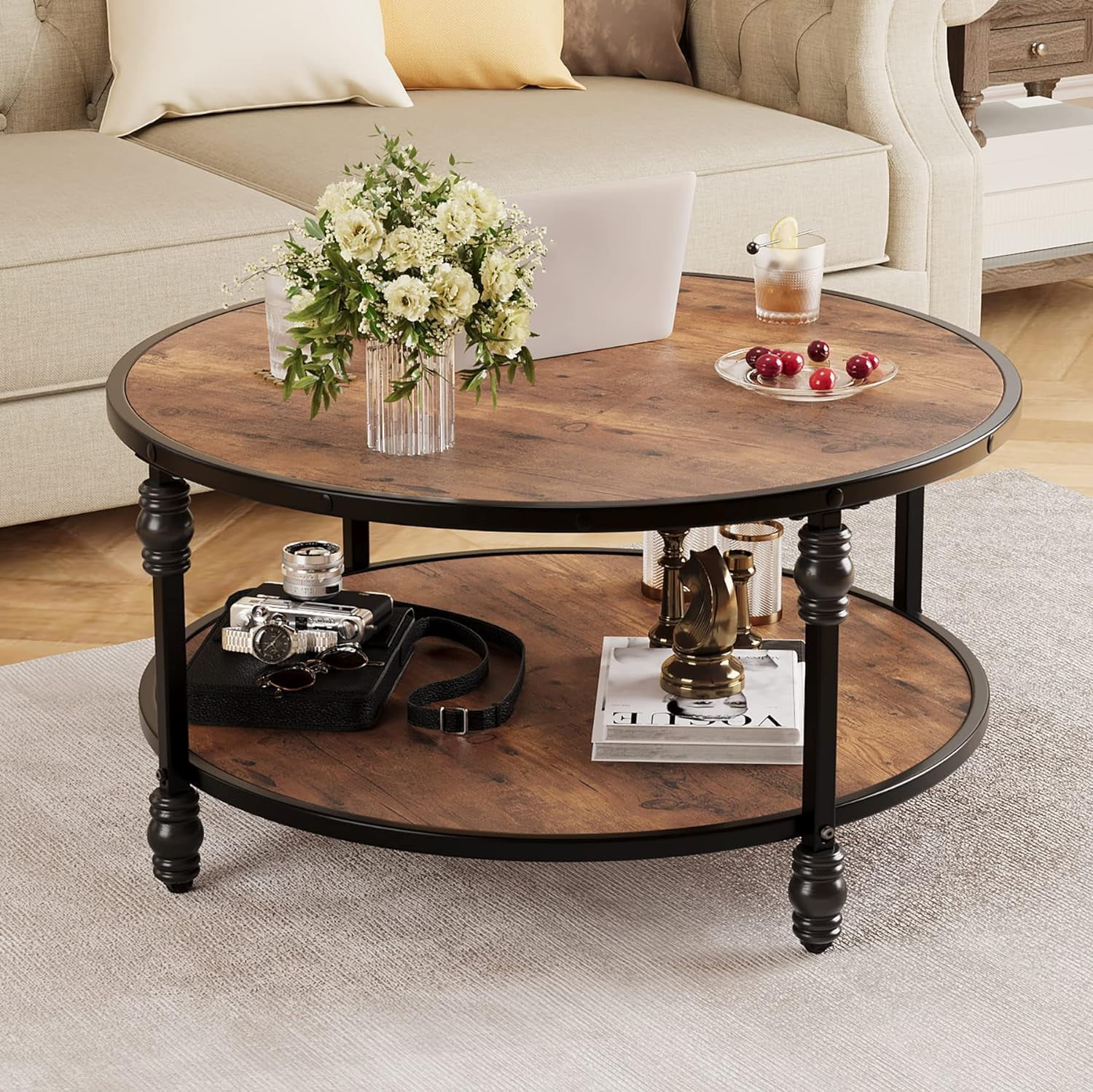 AOILE Round Coffee Table with Storage – 31” Industrial 2-Tier Wood ...