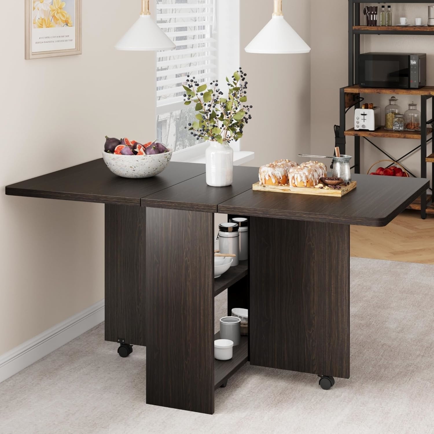 AOILE Space-Saving Folding Dining Table with 2-Tier Storage, Drop-Leaf ...
