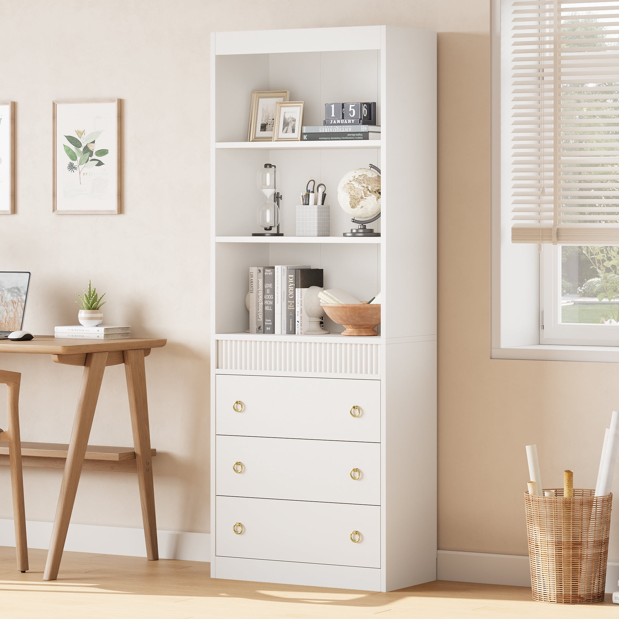 AOILE Tall Bookshelf with Shelves & Drawers, 70.8" Modern Engineered ...