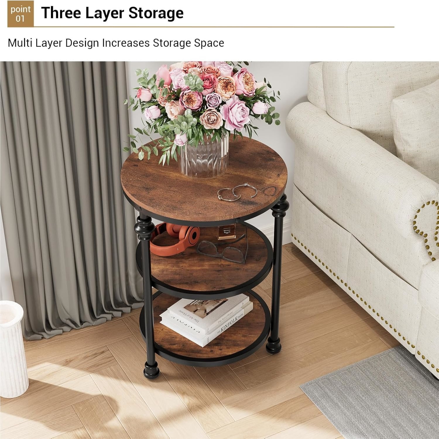 AOILE Vintage Industrial 3-Tier Round Side Table, Metal Frame ...