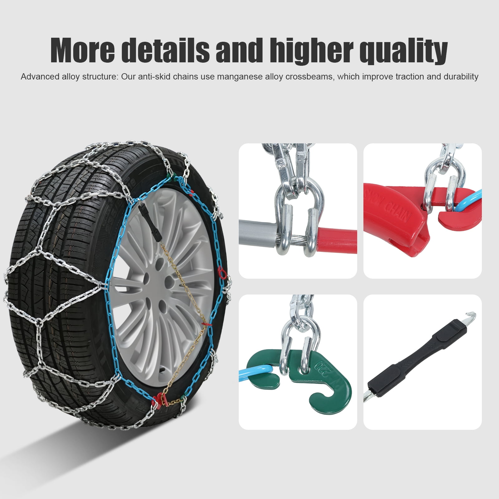 AOJA 2Pcs Portable Snow Tire Chains, Semi-automatic Tighten Quick Install Tire Chains, Universal ...