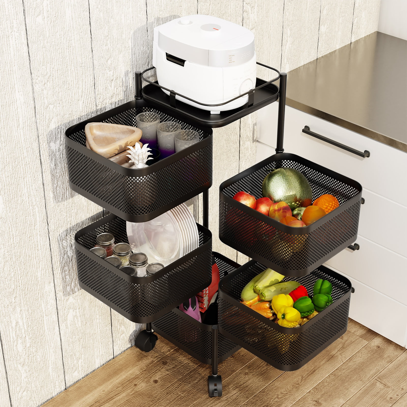 AOJA Kitchen Storage Cart, 5-Layer Kitchen Trolley on Wheels, Kitchen ...