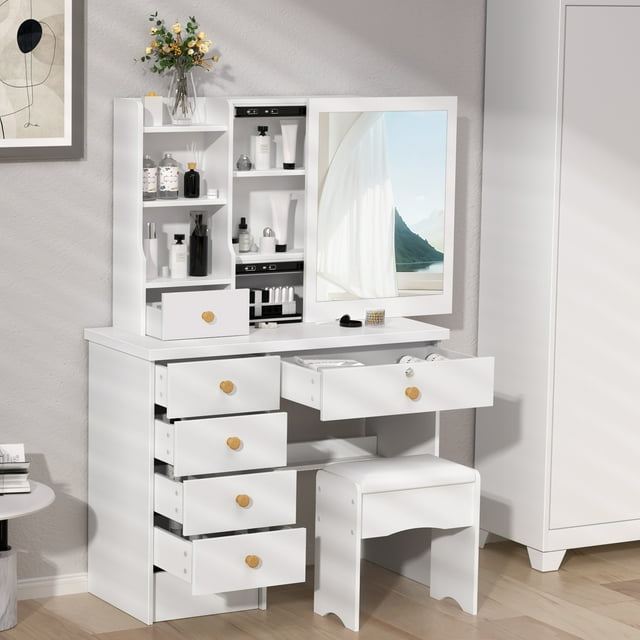 AOJA Vanity Desk with Sliding Mirror, Bedroom Dressing Table, Makeup ...