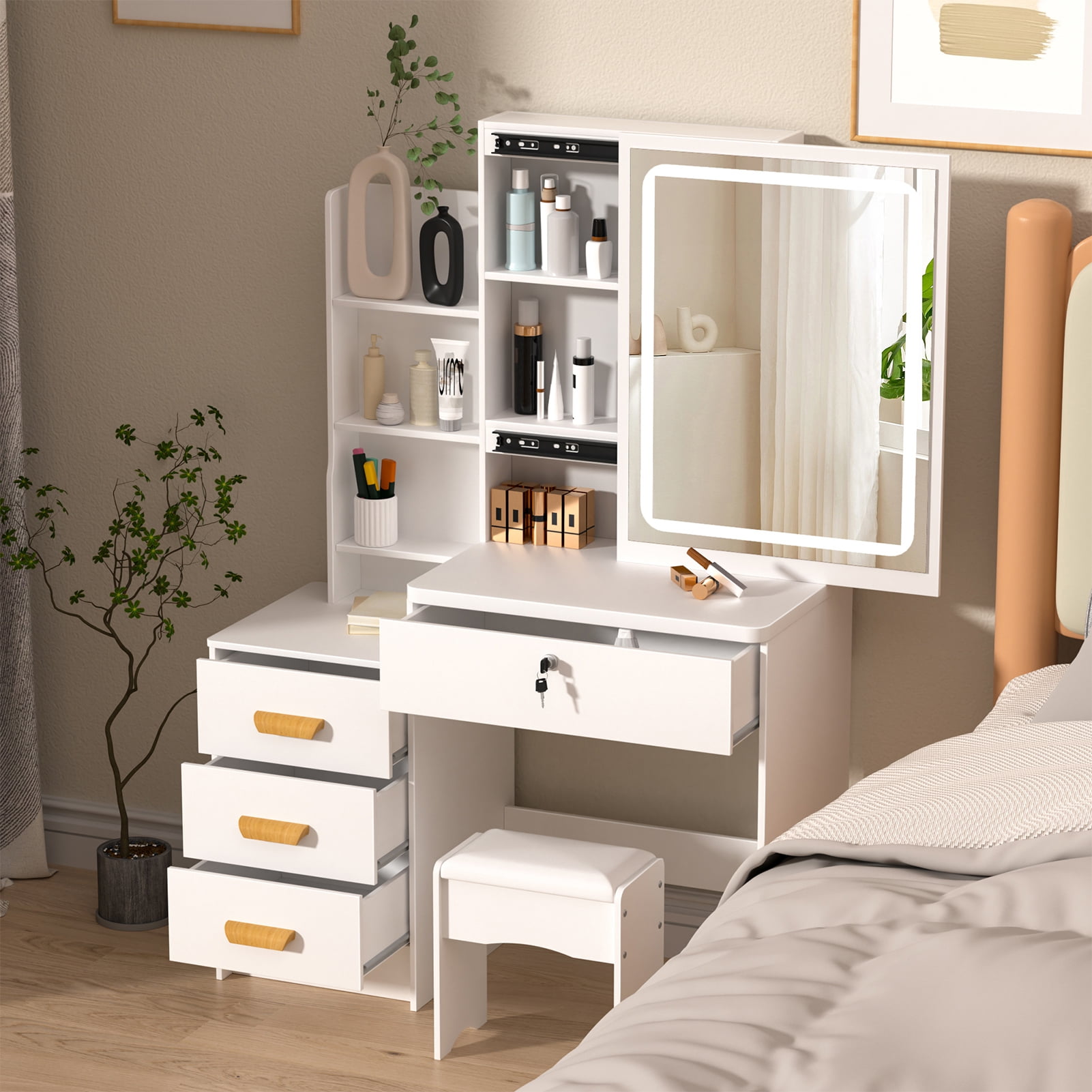 AOJA Vanity Set with Charging Station, White Makeup Desk with 4 Drawers ...