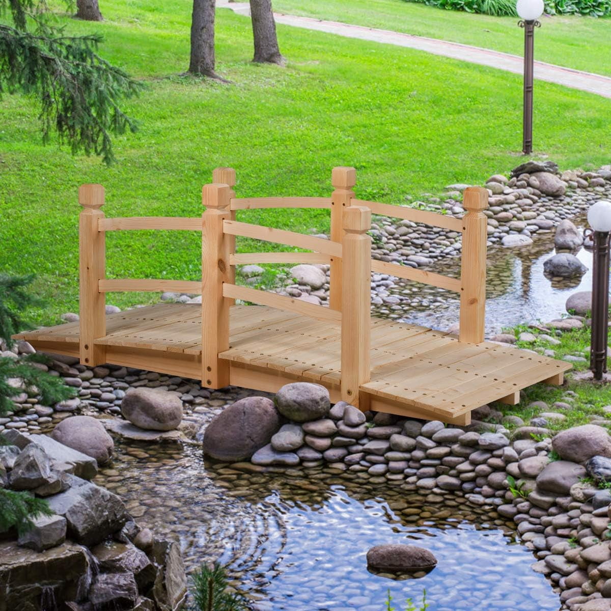 AOJDVE 5 FT Wooden Garden Bridge, Classic Wood Arc Footbridge with ...