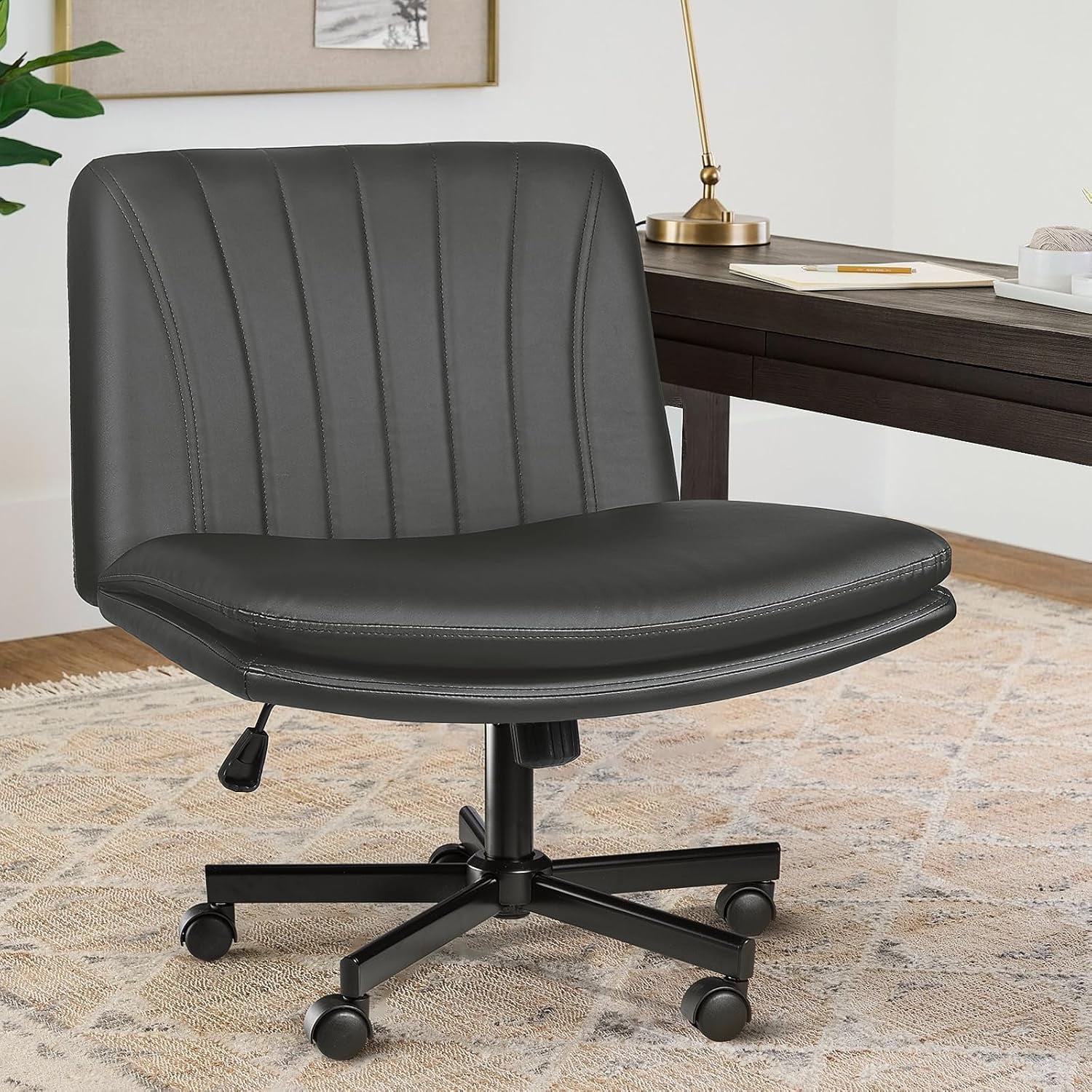 AOJDVE Armless Office Desk Chair with Wheels,Faux Leather Cross Legged ...