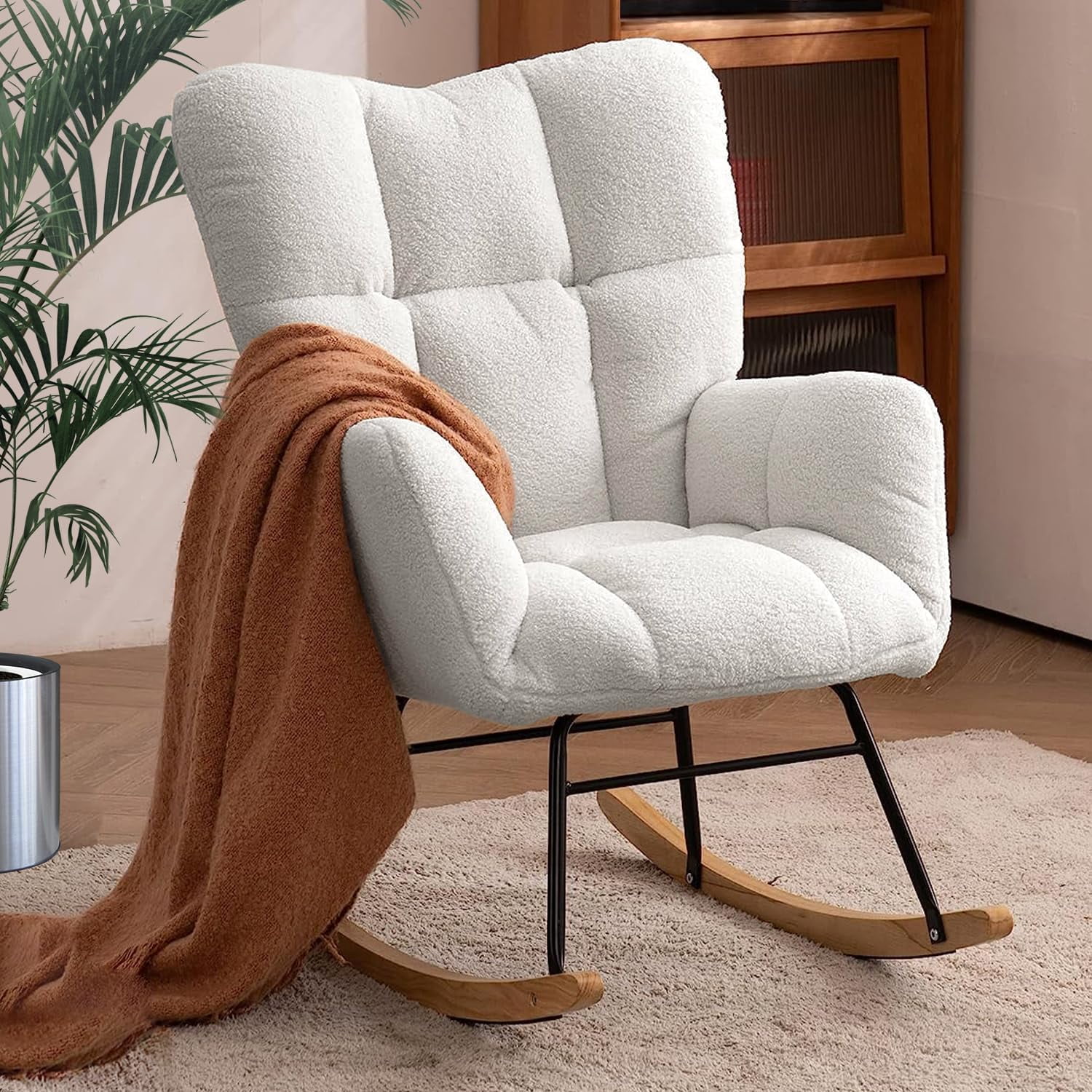 AOJDVE Rocking Chair, Teddy Upholstered Glider Rocker with High ...