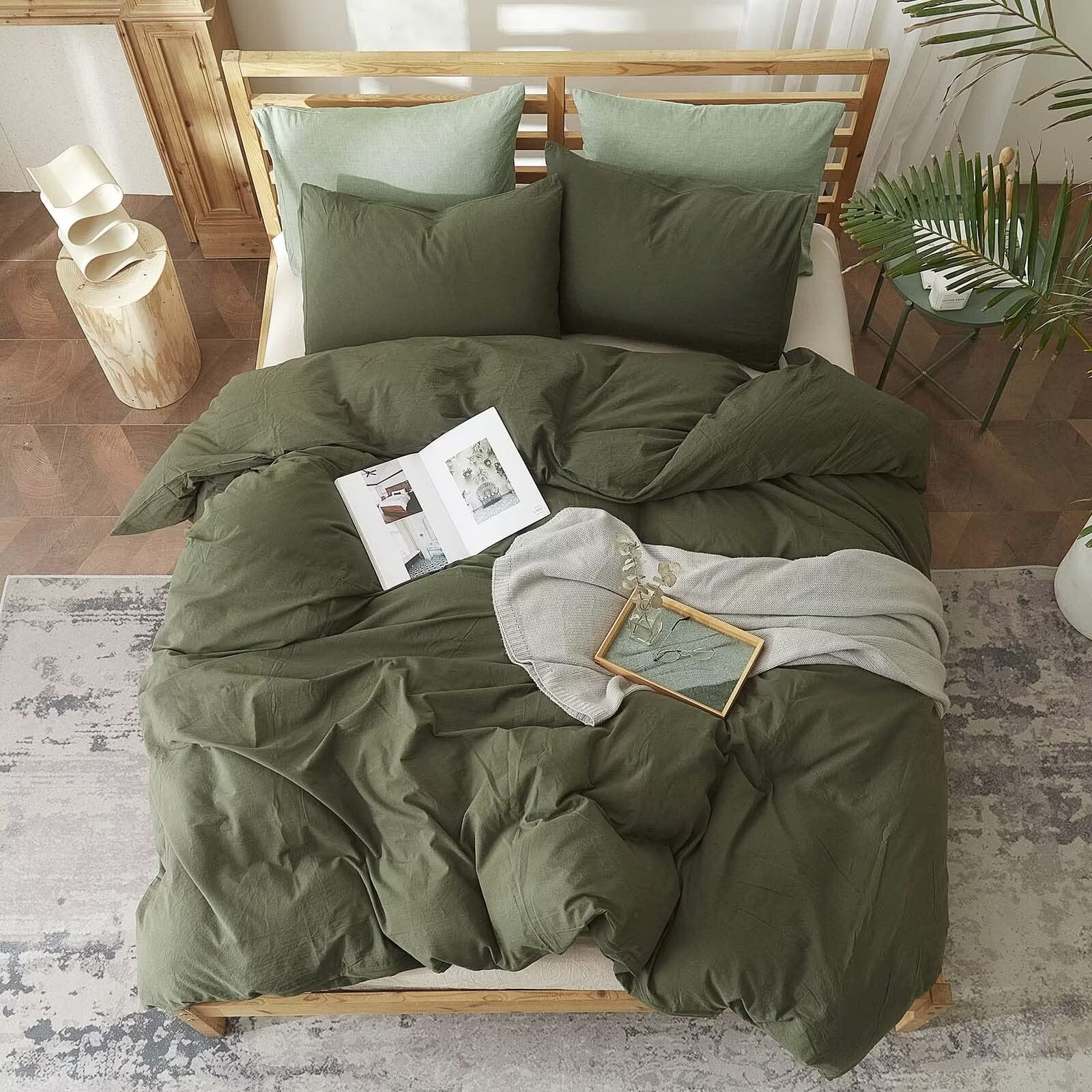 AOJIM Army Green Bedding Sets King Size, 100% Washed Cotton Duvet Cover ...