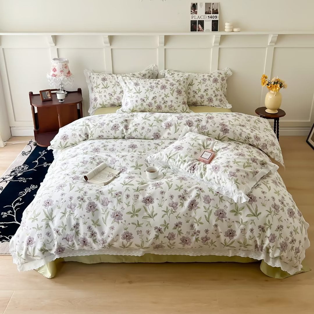 AOJIM Floral Duvet Cover Set for King Bed Lace Trimmed Comforter Cover ...