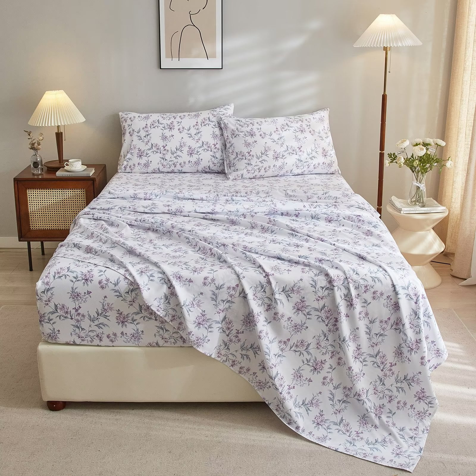 AOJIM Queen Size Floral Sheets Set 4 Pieces Flower Pattern Adult ...