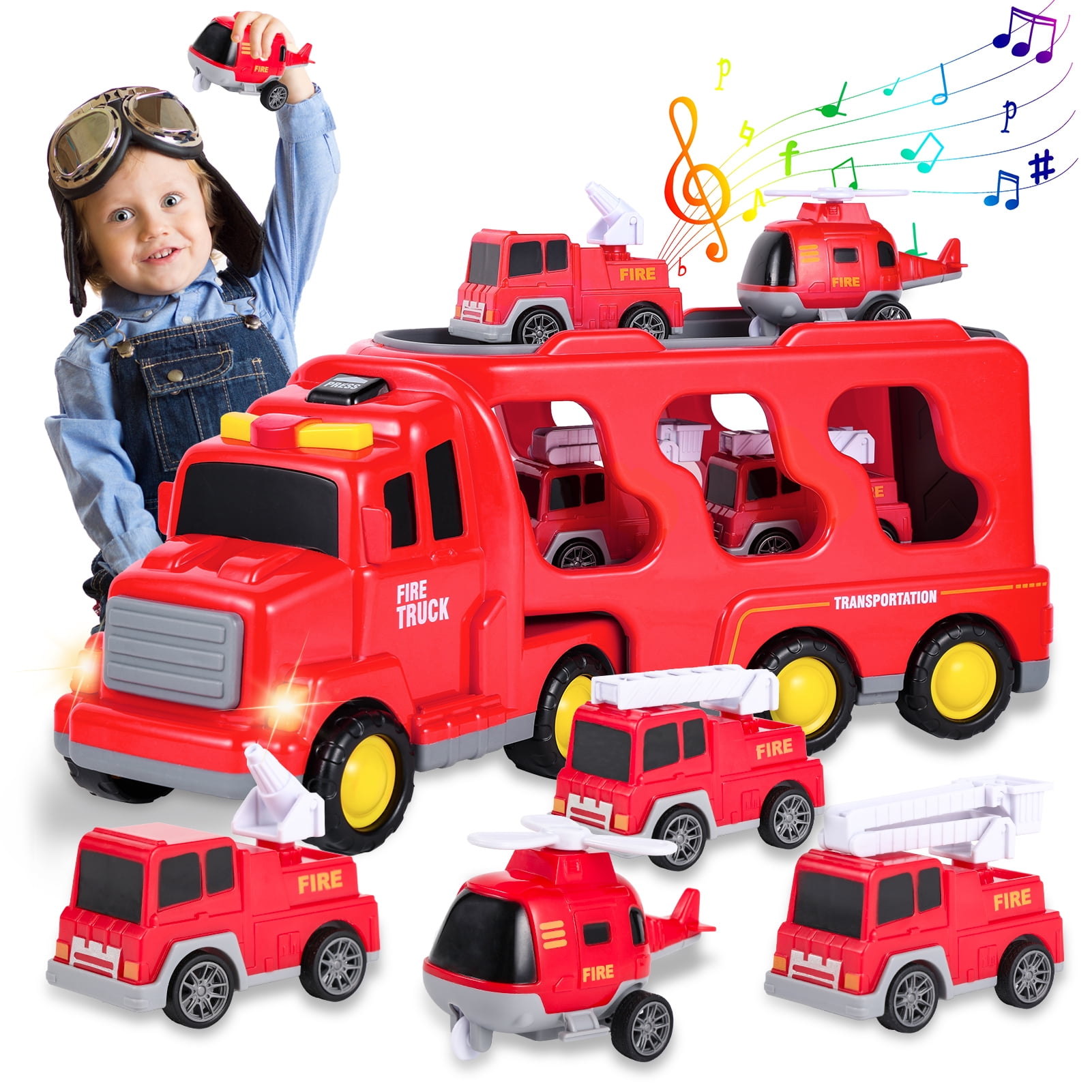 AOKESI 5-in-1 Carrier Truck Transport Toy Set with Fire Vehicle, Sound ...