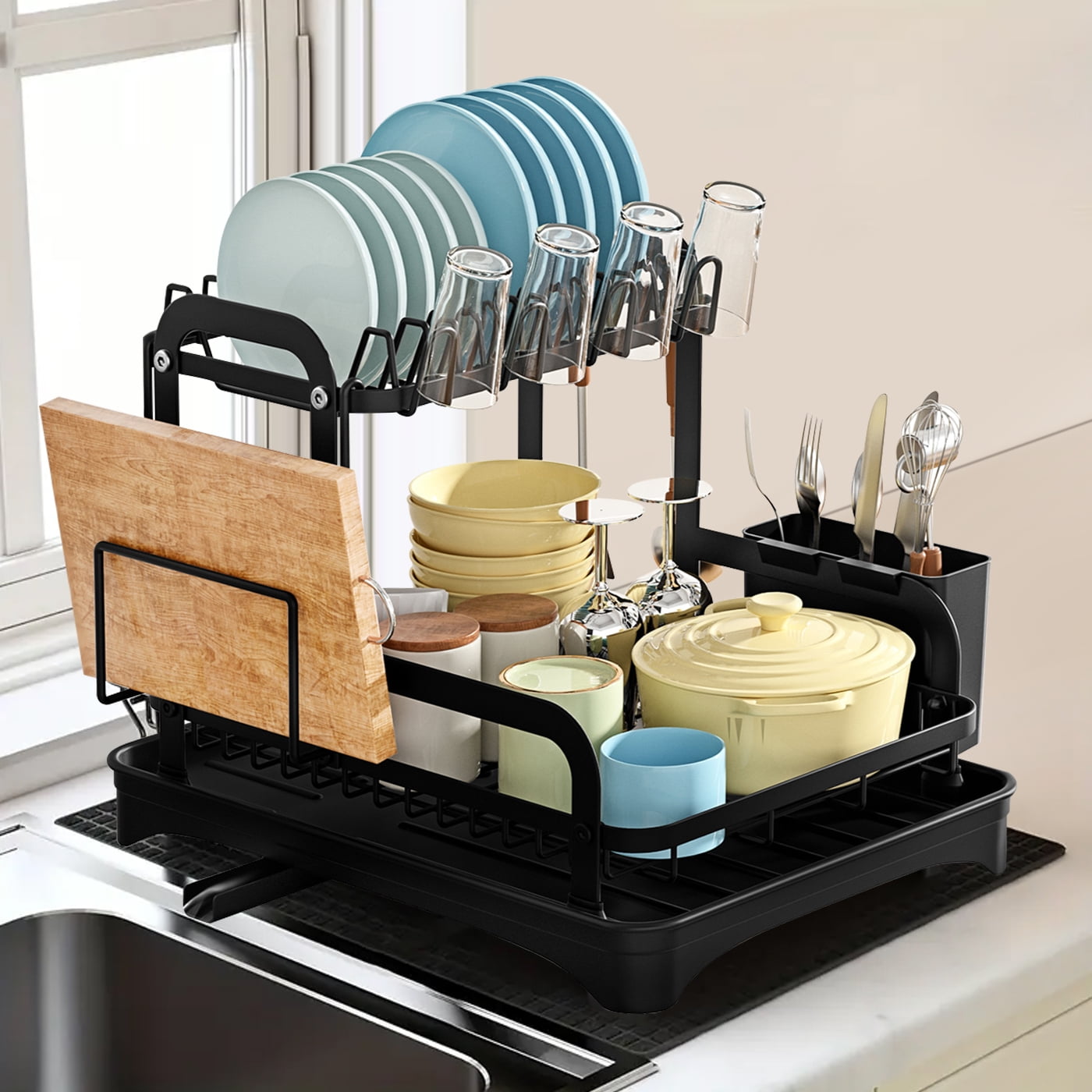 AOKIWO 2-Tier Dish Drying Rack, Over The Sink Drainboard Set With ...