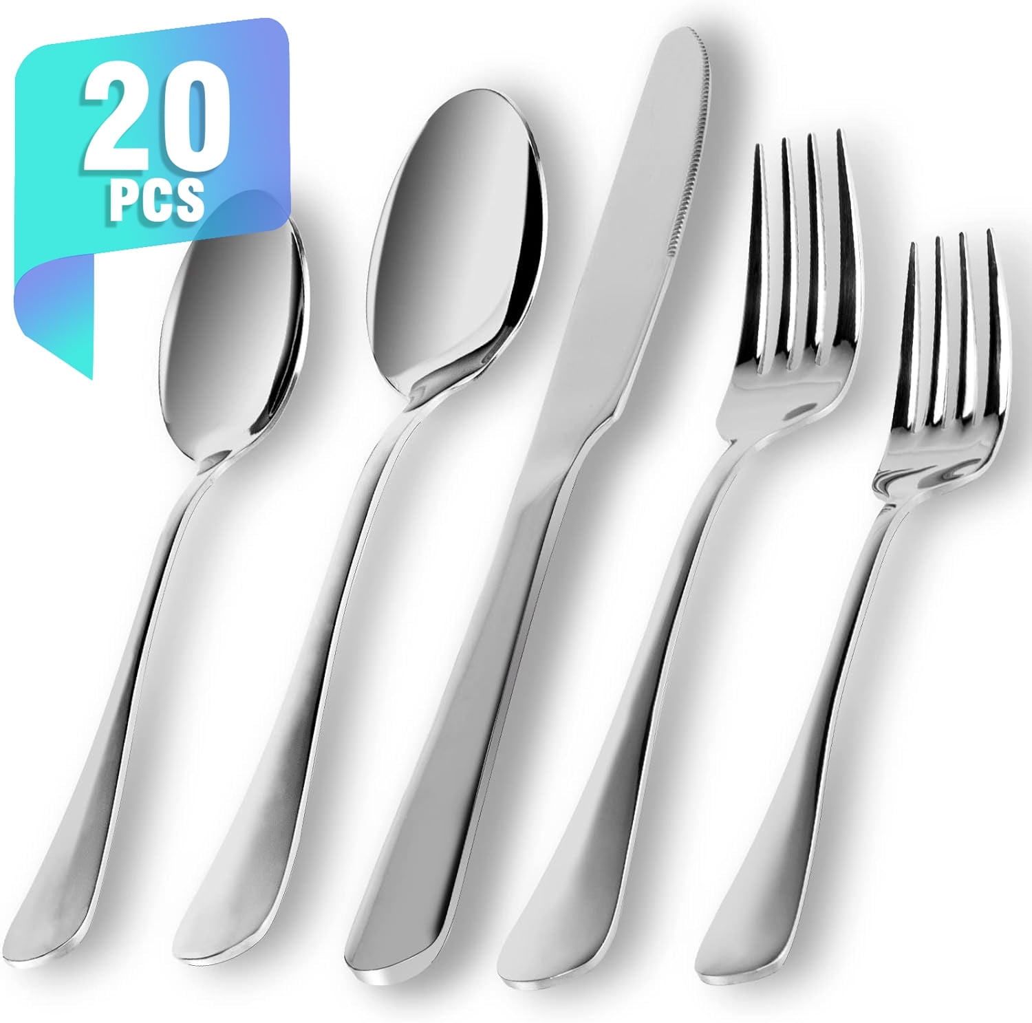 AOKIWO Silverware Set, 20-Piece Stainless Steel Flatware, Knife, Fork ...