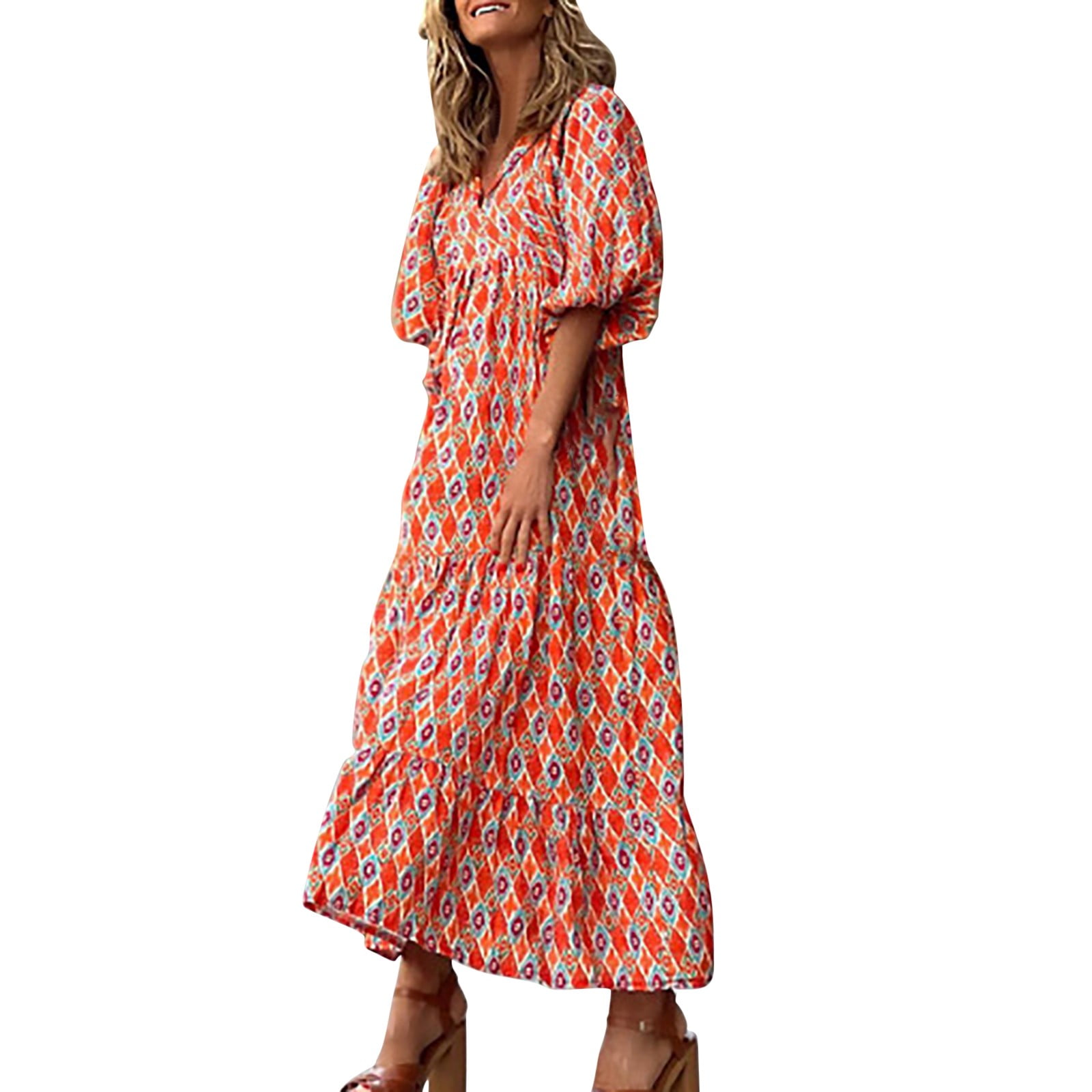 AOLIGEI Women Boho Floral Puff Sleeve Tiered Maxi Dress Casual Layered Loose Vacation Beach Long ...