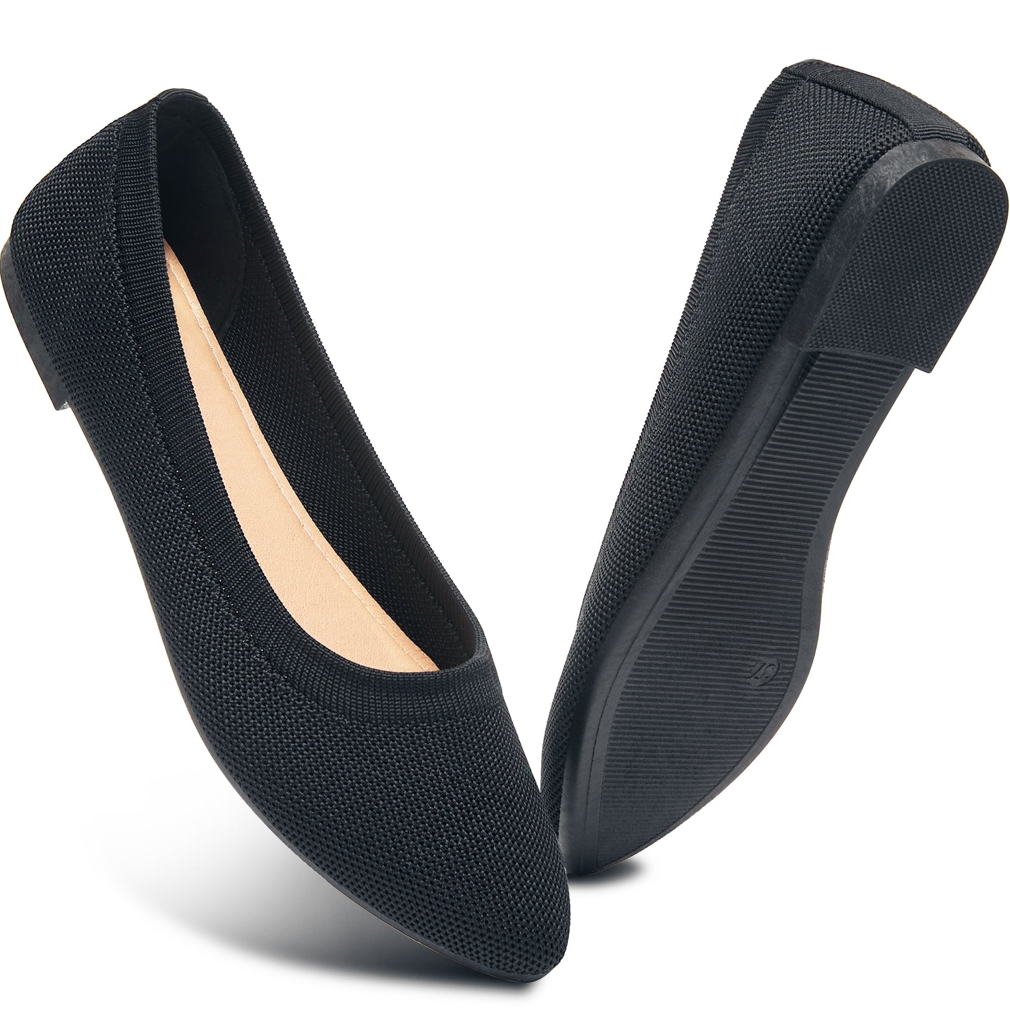 Aomais Women's Black Pointed Toe Ballet Flats Mesh Slip-On Casual Shoes ...