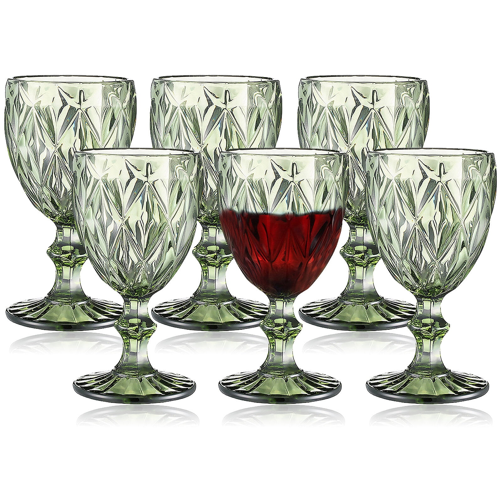 AOMOTA 6pcs Green Vintage Glass Goblets, Embossed Retro Stemware, 8oz ...