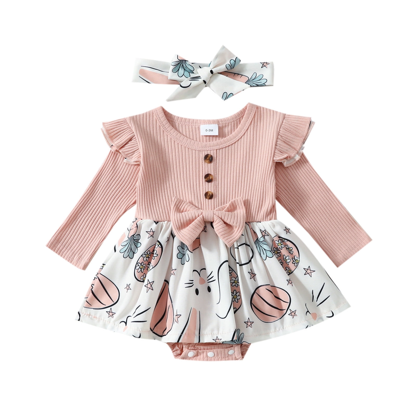 AOMPMSDX Girls Bodysuits Girls Long Sleeve Easter Rabbit Prints Romper Ribbed Bodysuits Dress ...