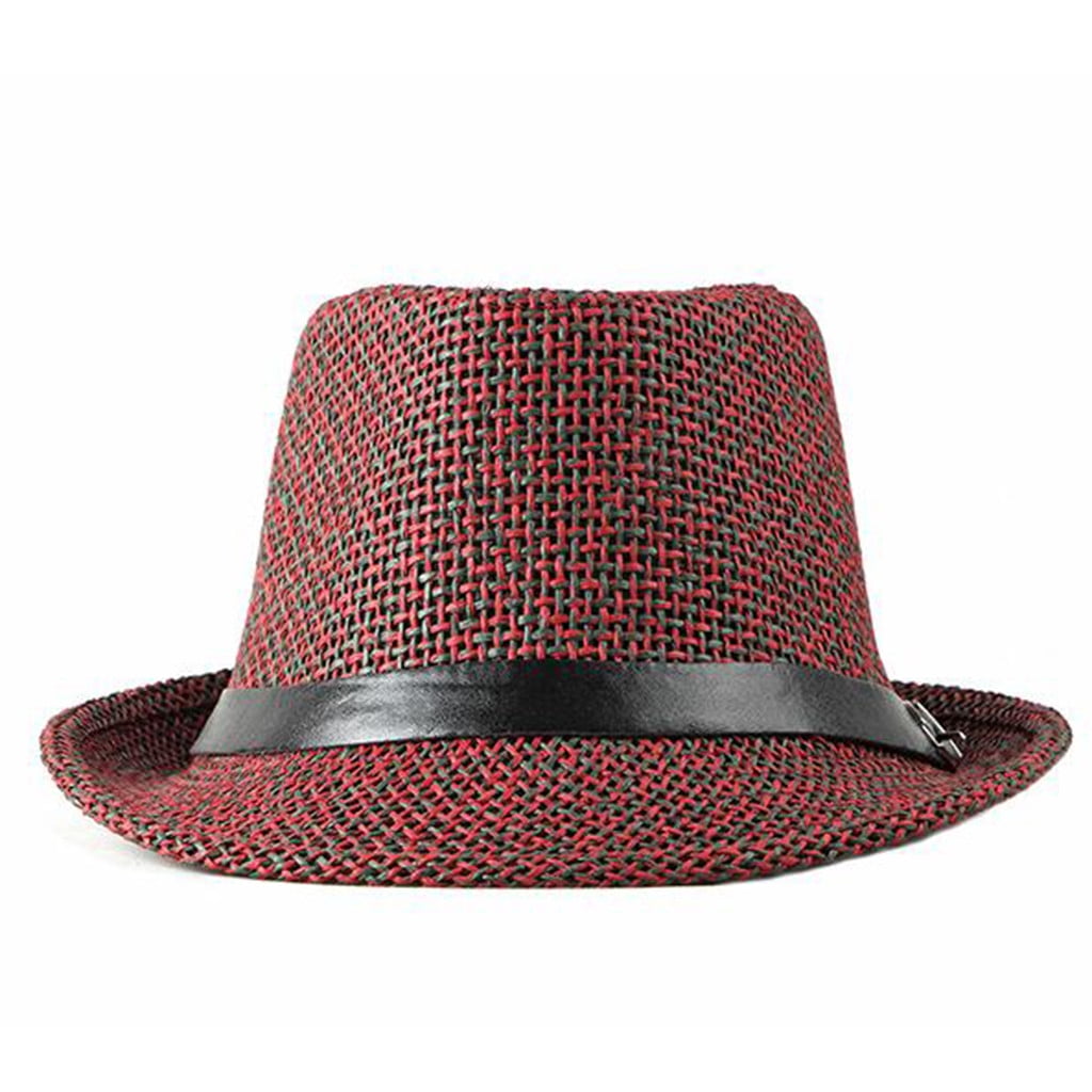 AOMPMSDX Packable Straw Sun Summer Beach Hat Cuban Trilby Men Women Red ...