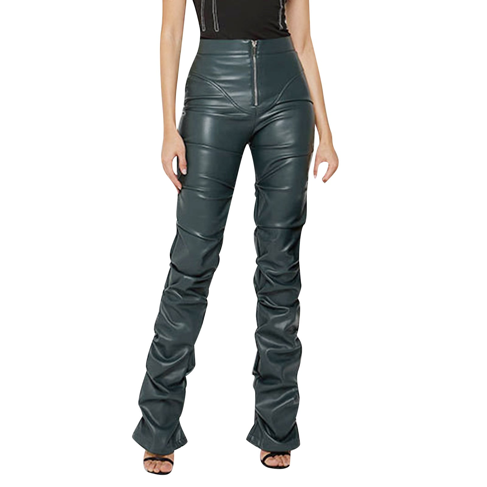 AOMPMSDX Women Leather Ruched Pants Low Waist Skinny PU Leather Stacked ...