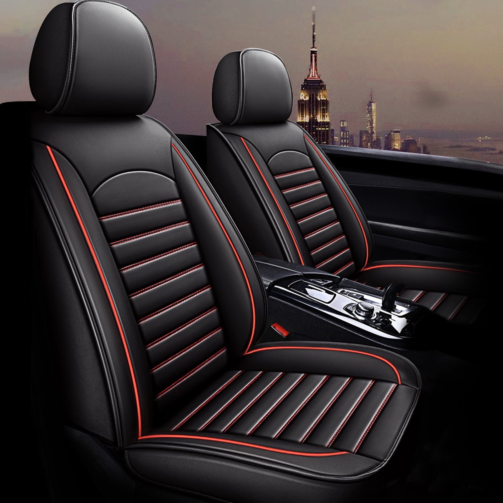 AOMSAZTO Car Seat Covers 5-Seat Auto BLACK Faux Leather & Red Line Fit ...