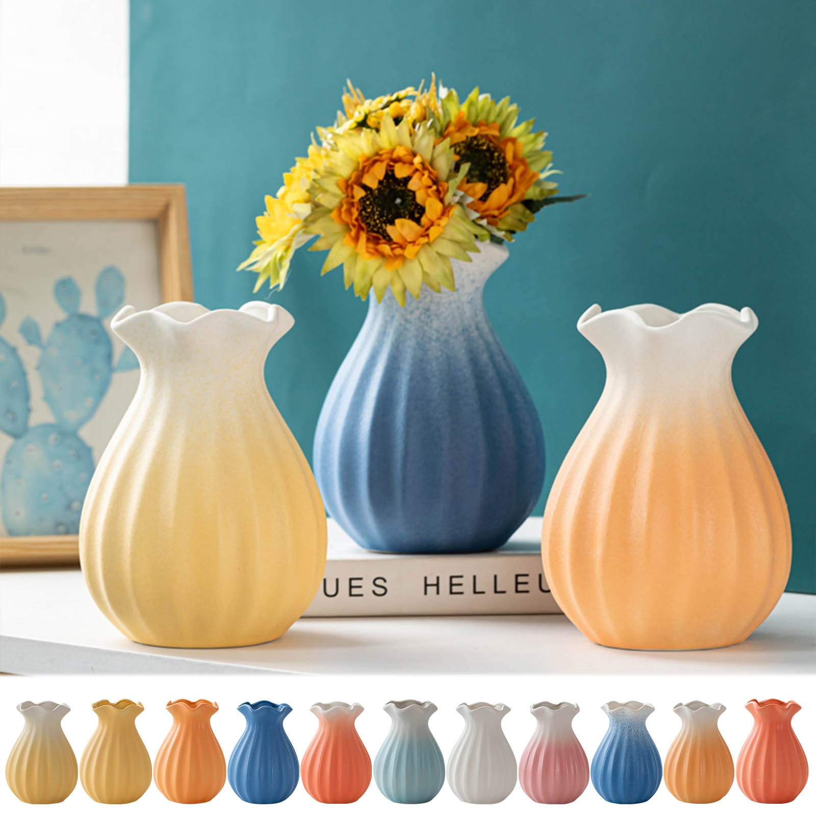 AOMXGD Matte-Finish Ruffled Ceramic Vase, Hydroponic Ceramic Vase ...