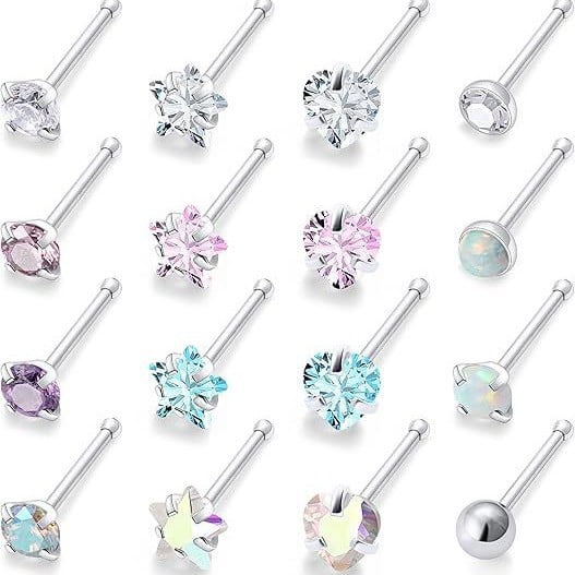 AONYIYI 12PCS White Crystal Nose Ring Piercing L Shaped Nose Stud ...