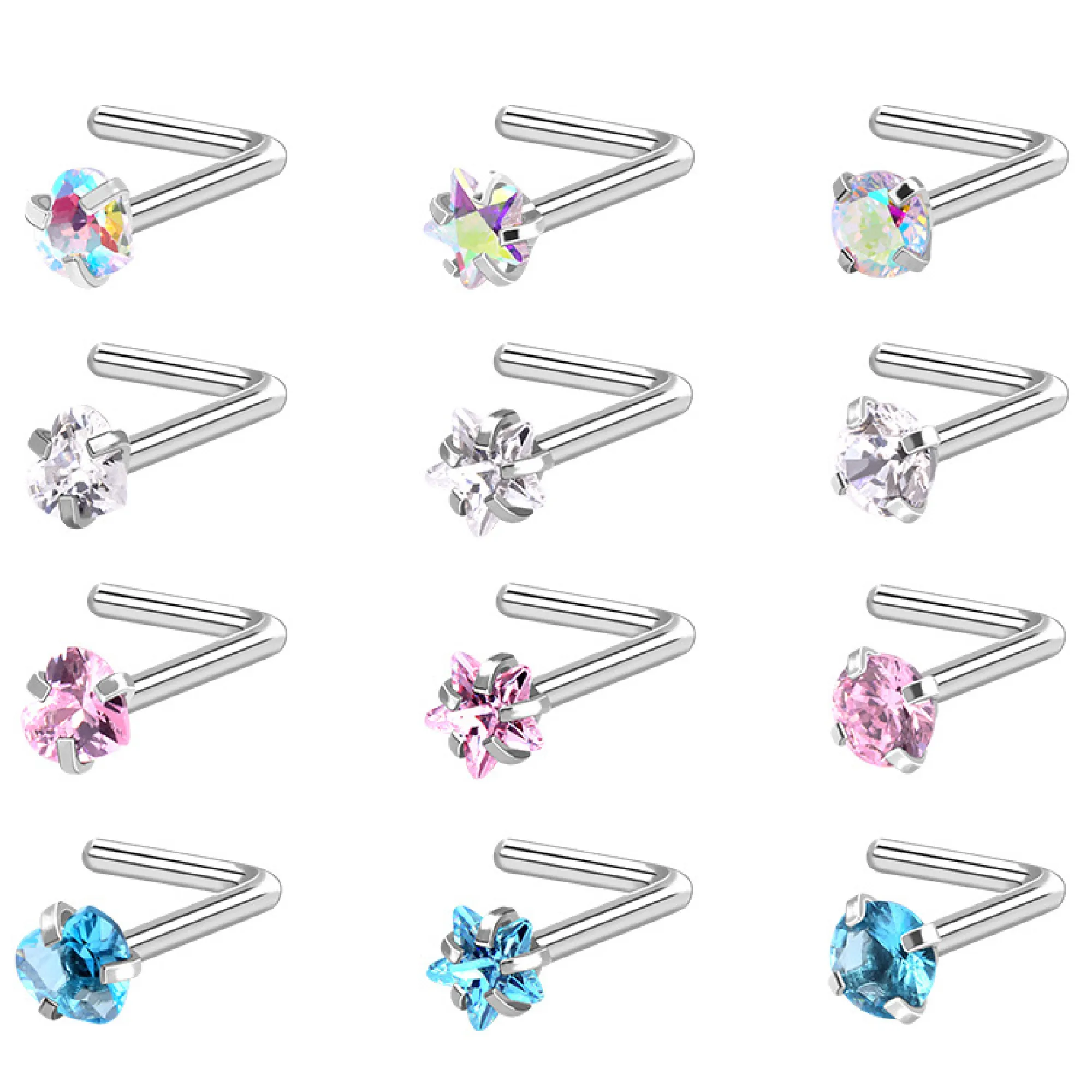 AONYIYI 12PCS White Crystal Nose Ring Piercing L Shaped Nose Stud ...