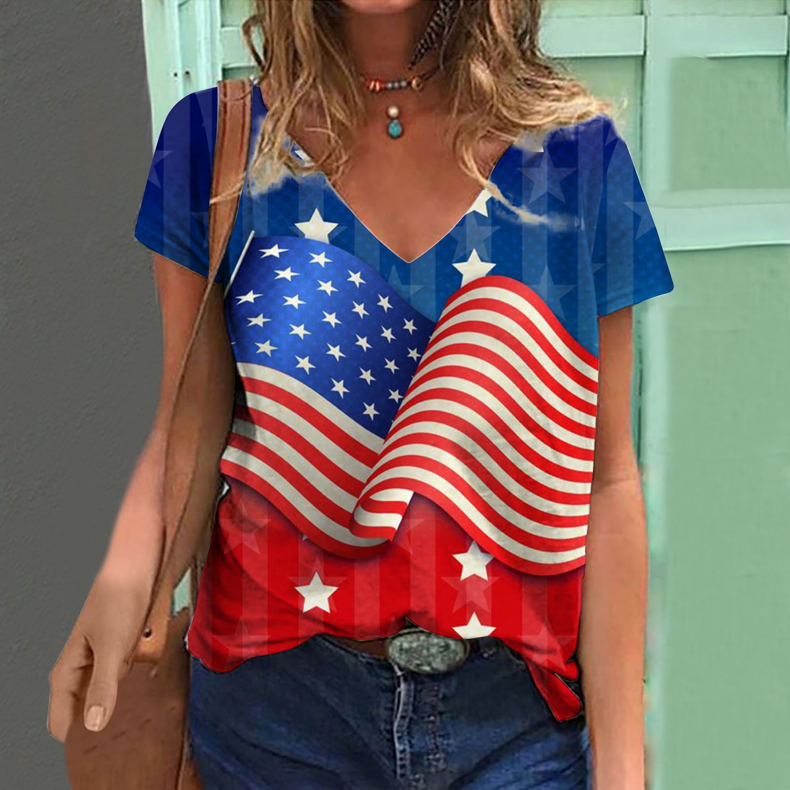 AOOCHASLIY American Flag Star Women Tops Women V-neck Independence Day ...