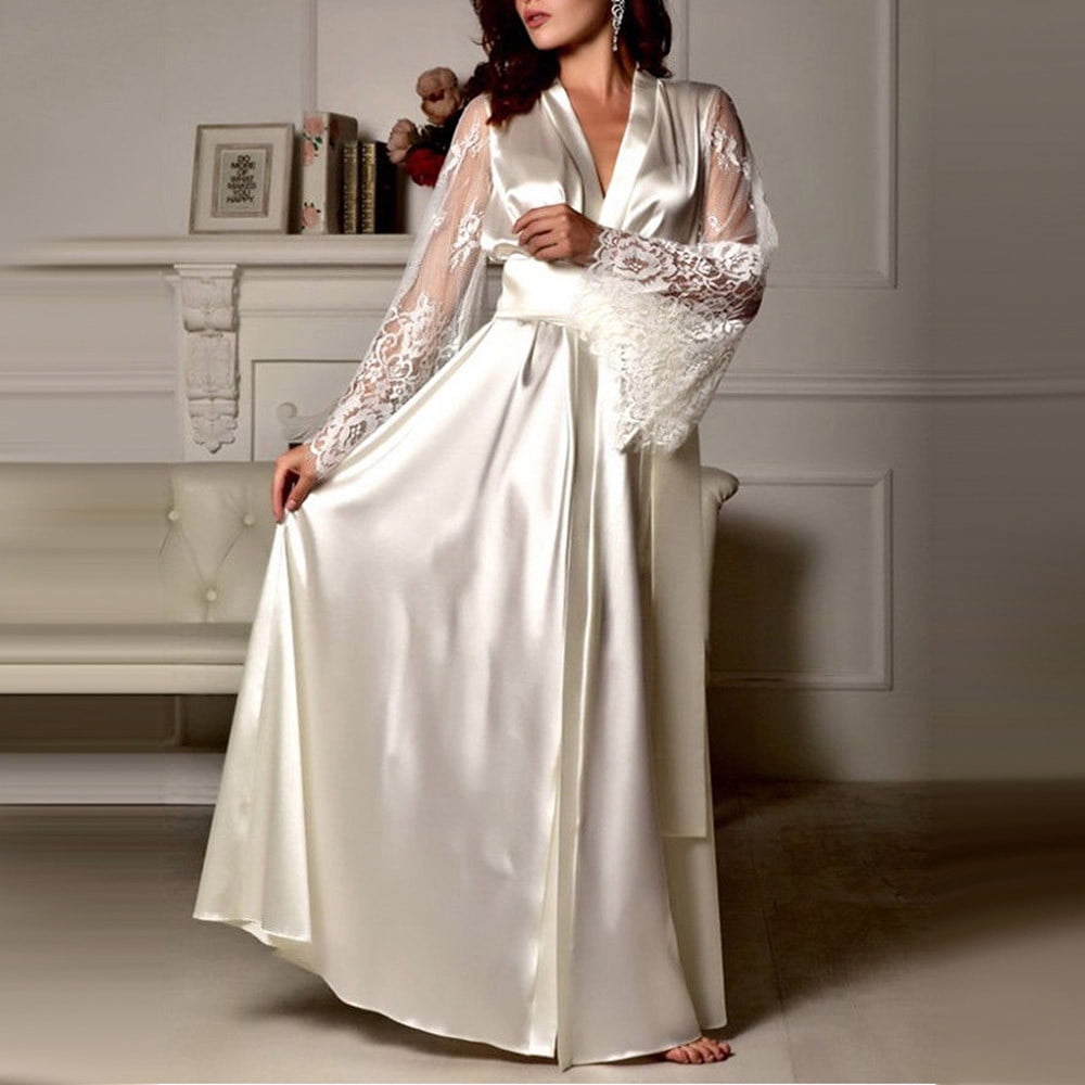 AOOCHASLIY Bath Robes for Women Ladies Satin Long Nightdress Silk Lace ...