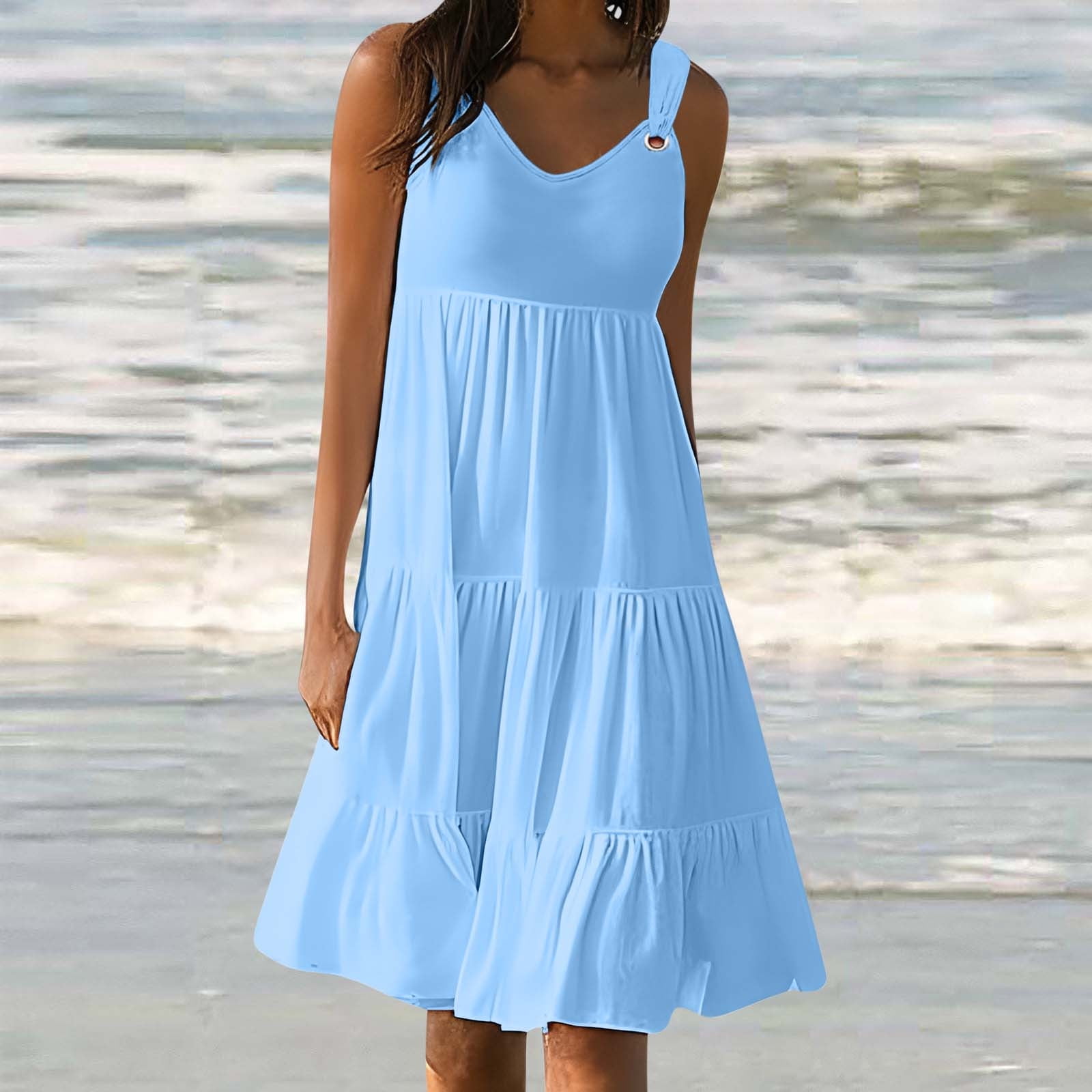 AOOCHASLIY Ladies' Holiday Dress Women's Solid Color Sleeveless Metal ...