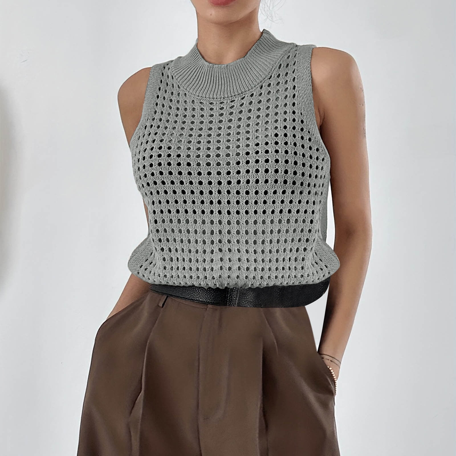 AOOCHASLIY Ladies' Hollow - out Knit Sleeveless Vest with Checkered ...