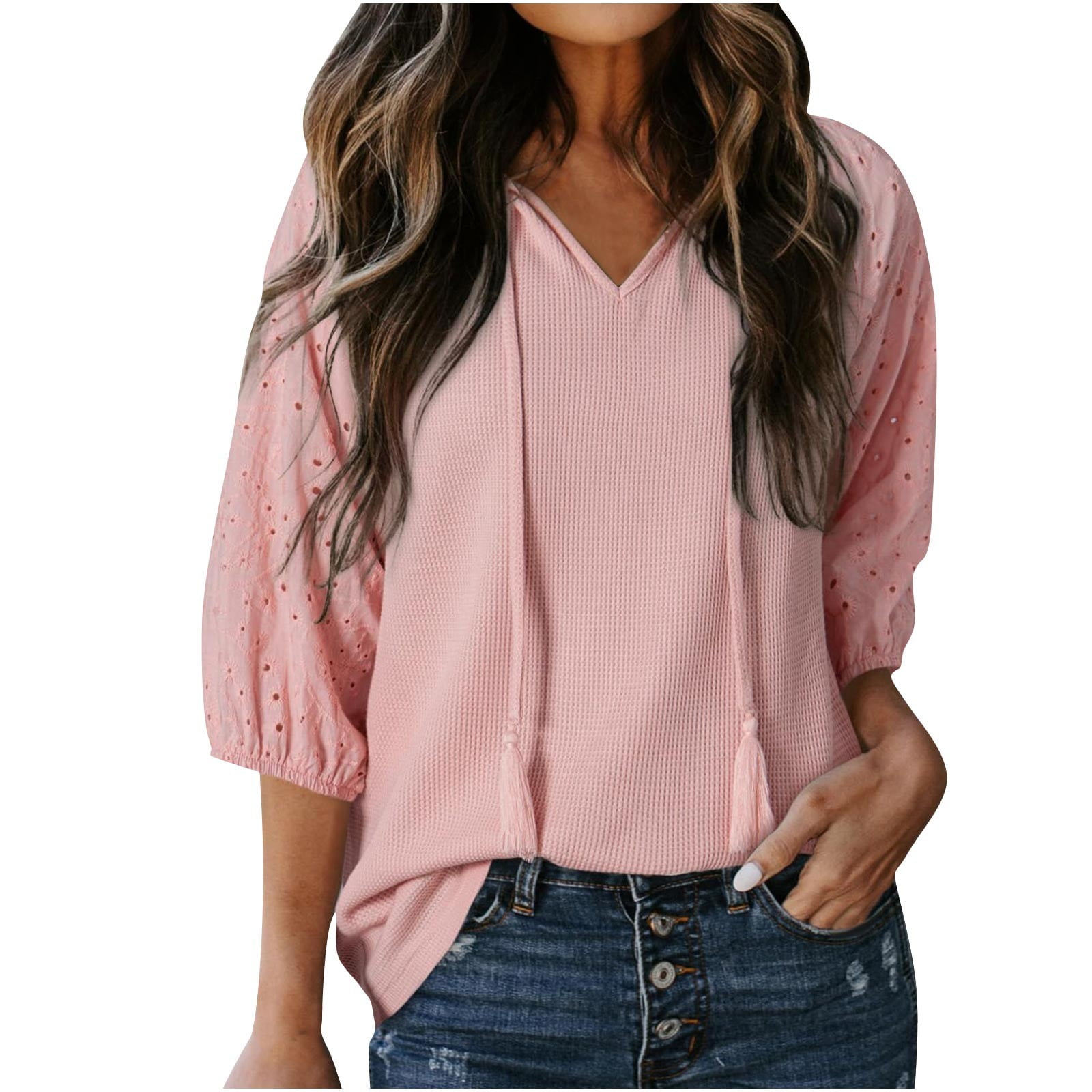 AOOCHASLIY Mothers Day Women's New Lace Walf Checks 3/4 Sleeve V Neck ...