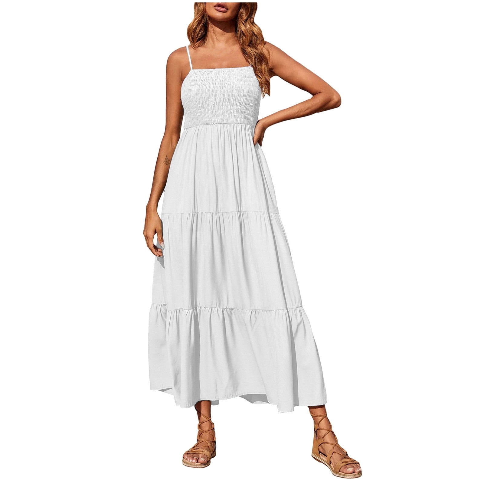 AOOCHASLIY Sun Dresses for Women Beach Bohemian Spaghetti Strap Smocked ...