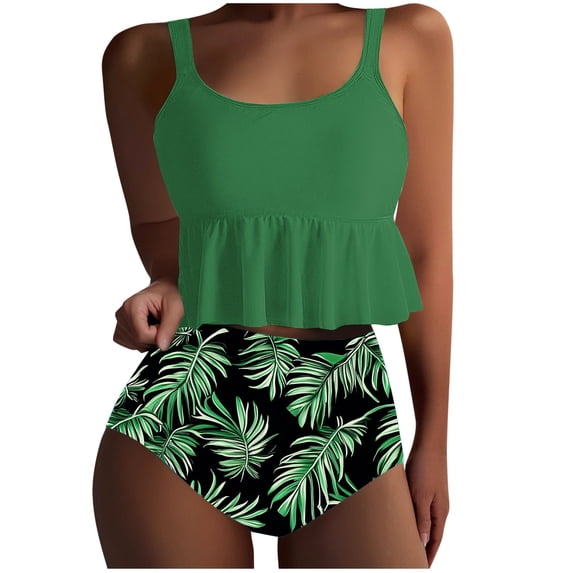 AOOCHASLIY Two Piece Bikini Sets for Women Floral Graphic Ruffle Tank ...