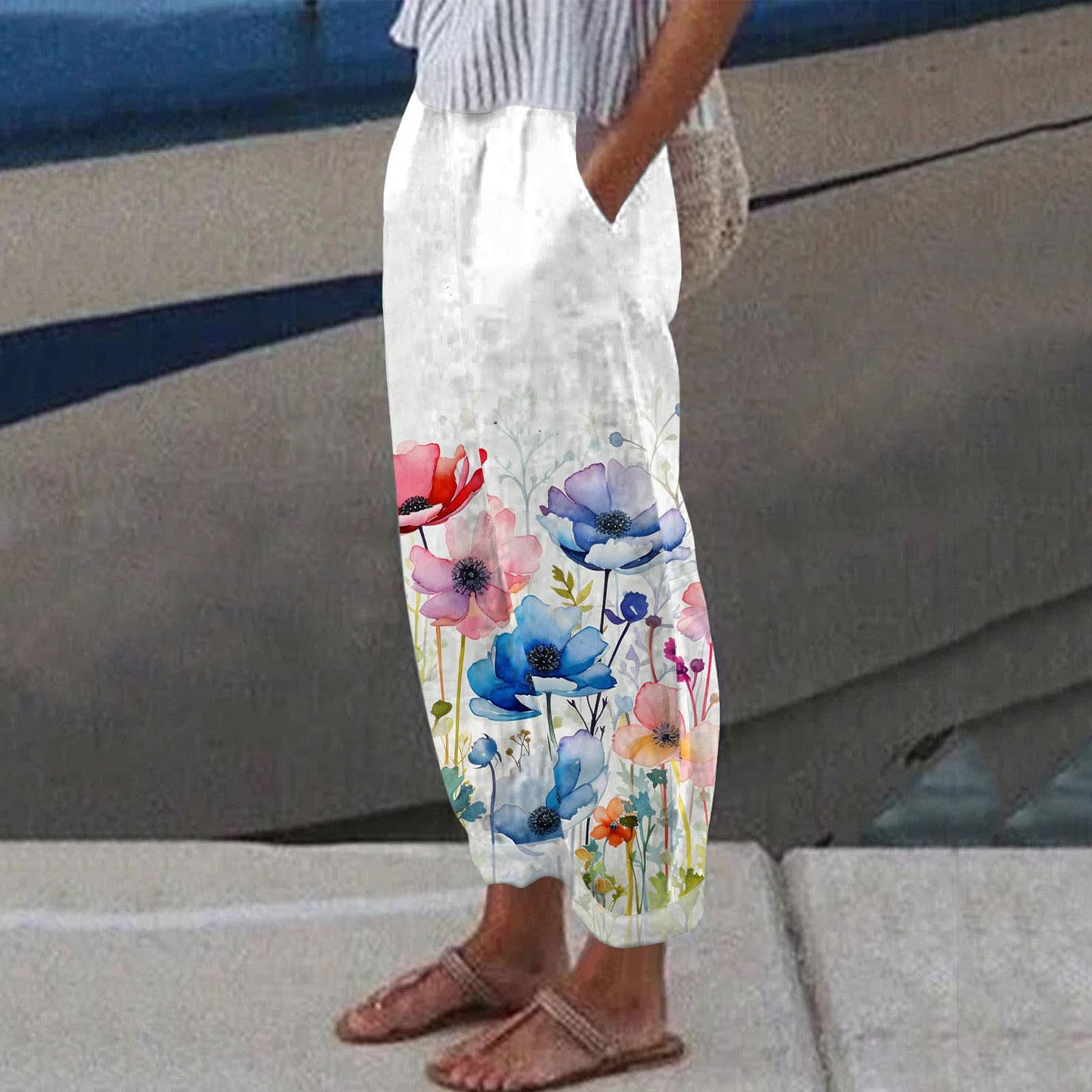 AOOCHASLIY Women 2024 Pants Women's Floral Print Loose Pocket Trousers ...