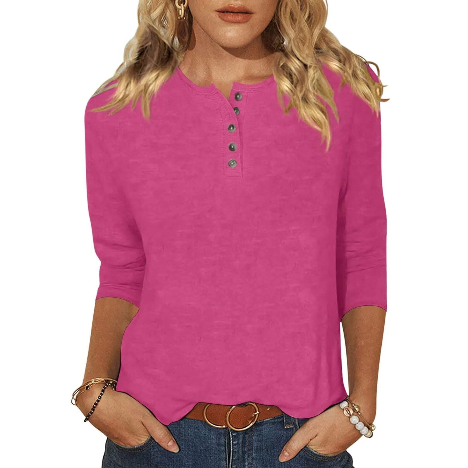 AOOCHASLIY Women's New T-shirt Mid-length 3/4 Sleeves Blouse Round Neck ...