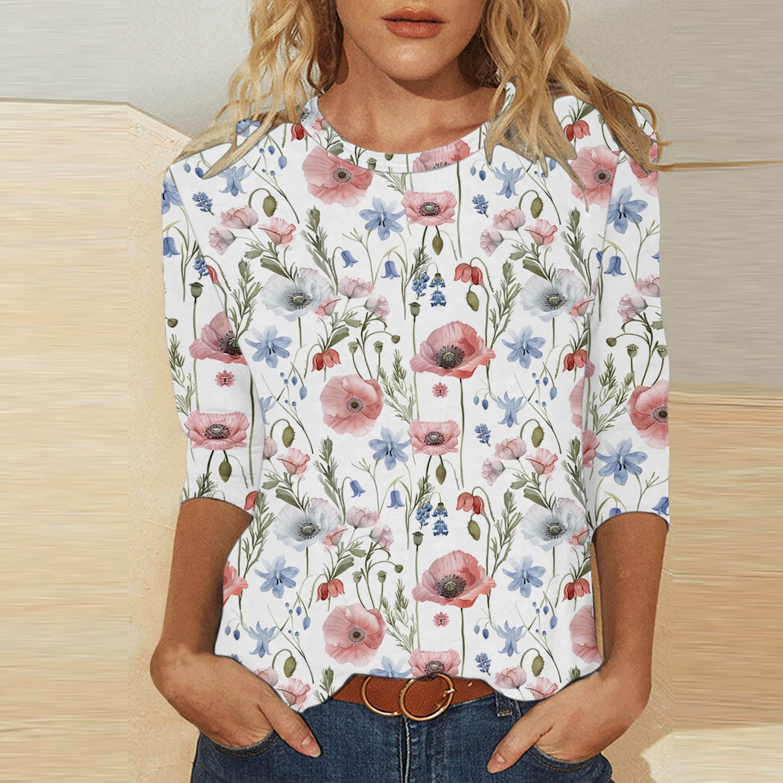 AOOCHASLIY Women New Tops Three-quarter Flared Sleeve V-neck Floral ...