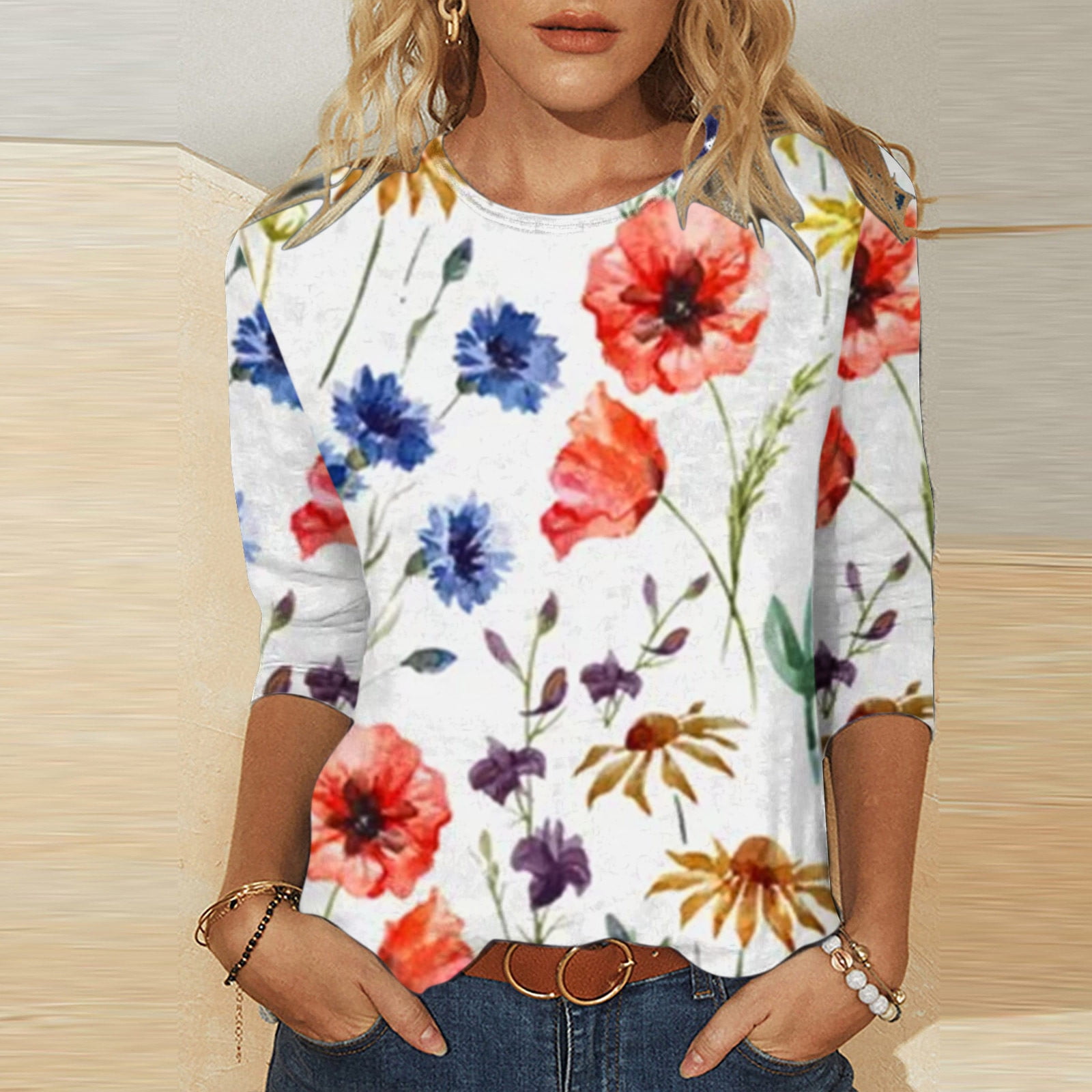 AOOCHASLIY Women New Tops Three-quarter Flared Sleeve V-neck Floral ...