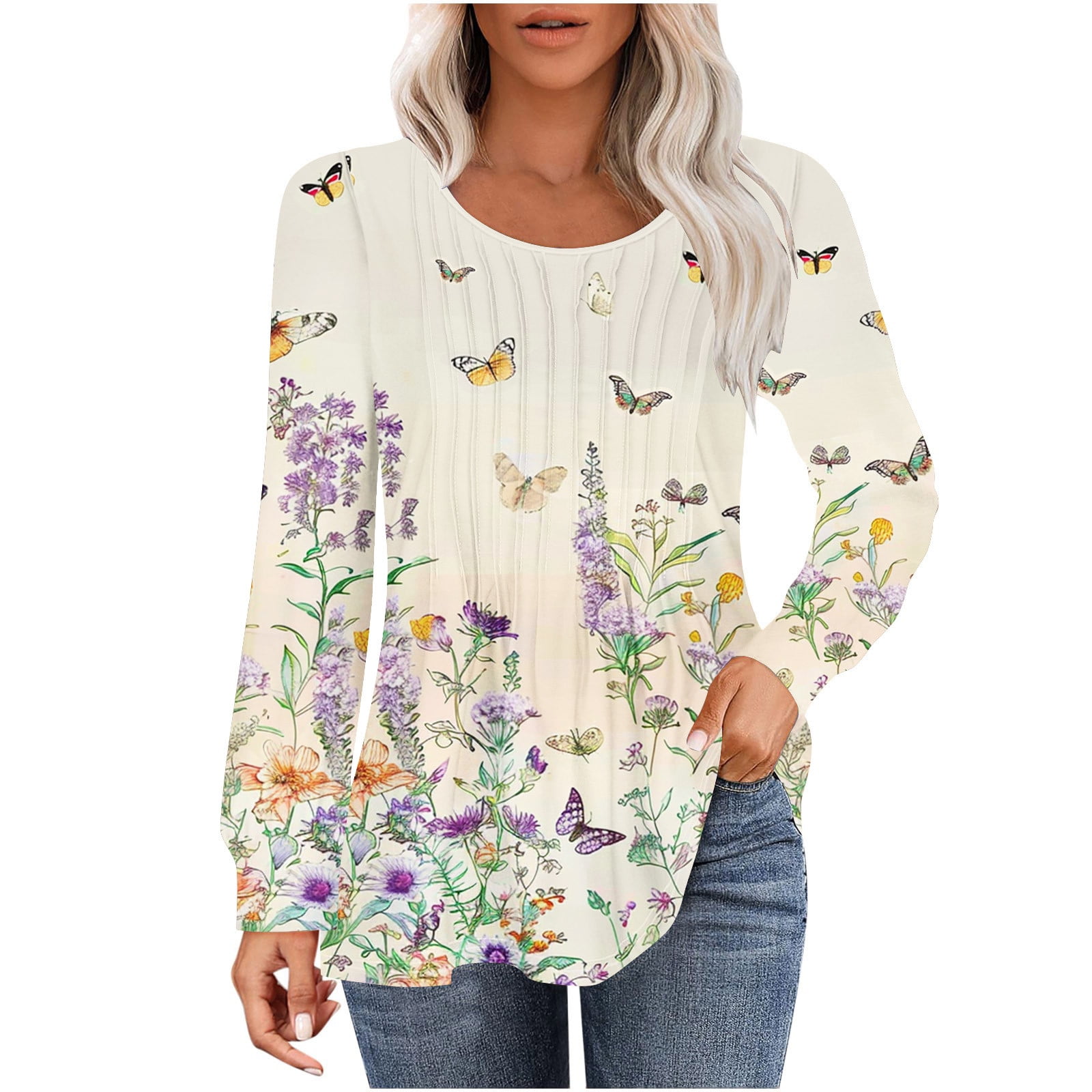 AOOCHASLIY Women's Pleated Long Sleeve Butterfly Scenic Flowers Printed ...