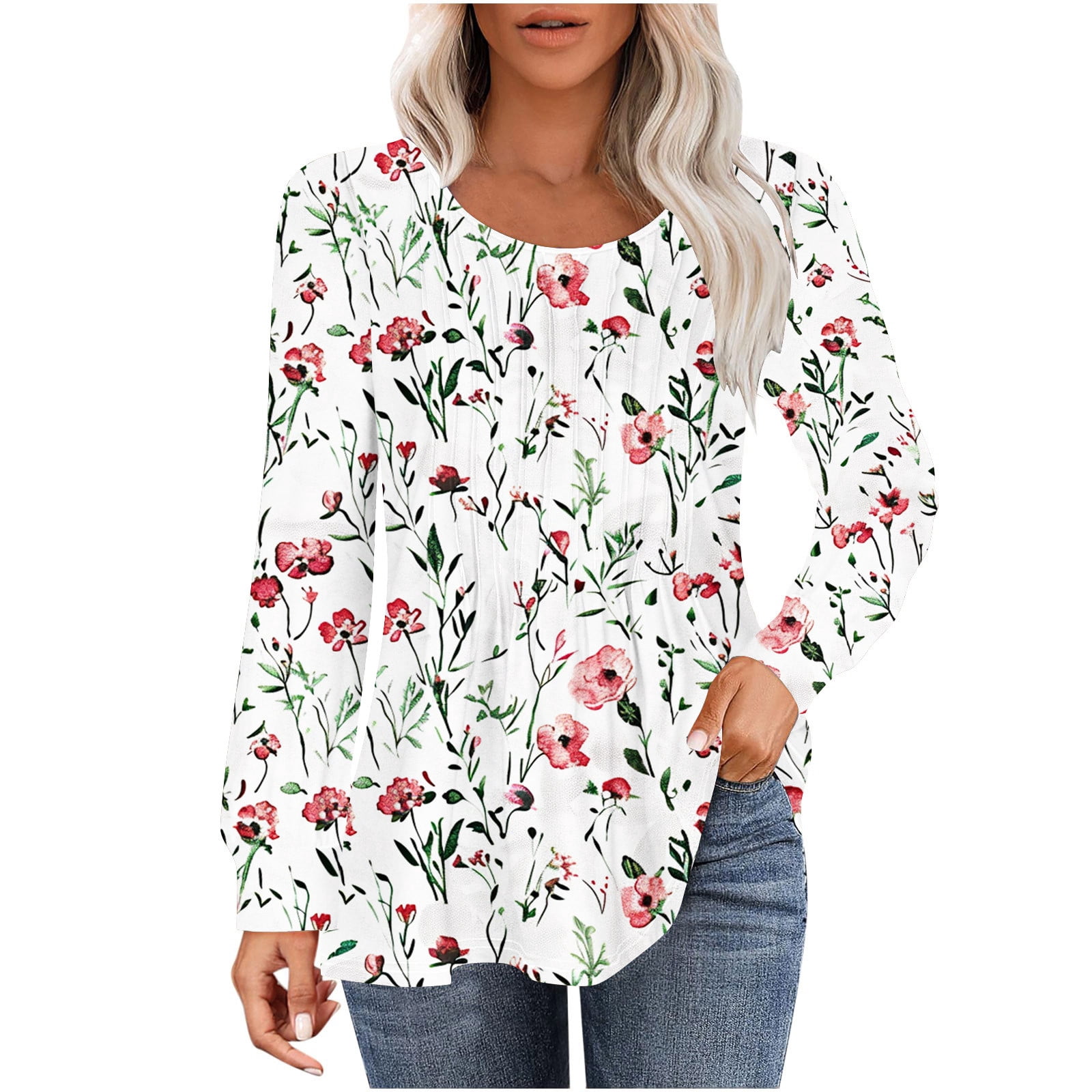 AOOCHASLIY Women's Pleated Long Sleeve Floral Printed Tops Fall Crew ...