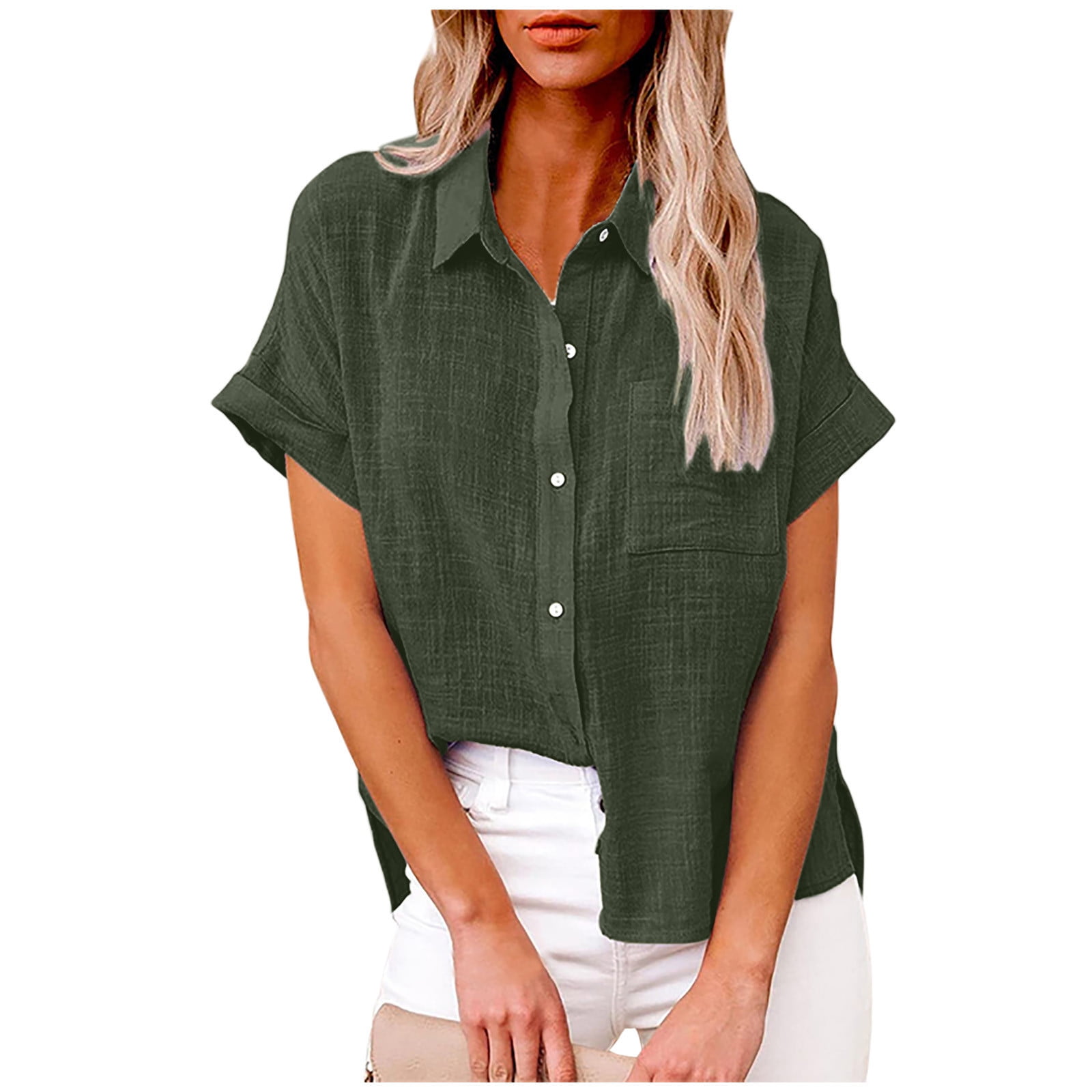 AOOCHASLIY Women’s Short-Sleeve Linen-Blend Button-Down Shirt – Stylish ...