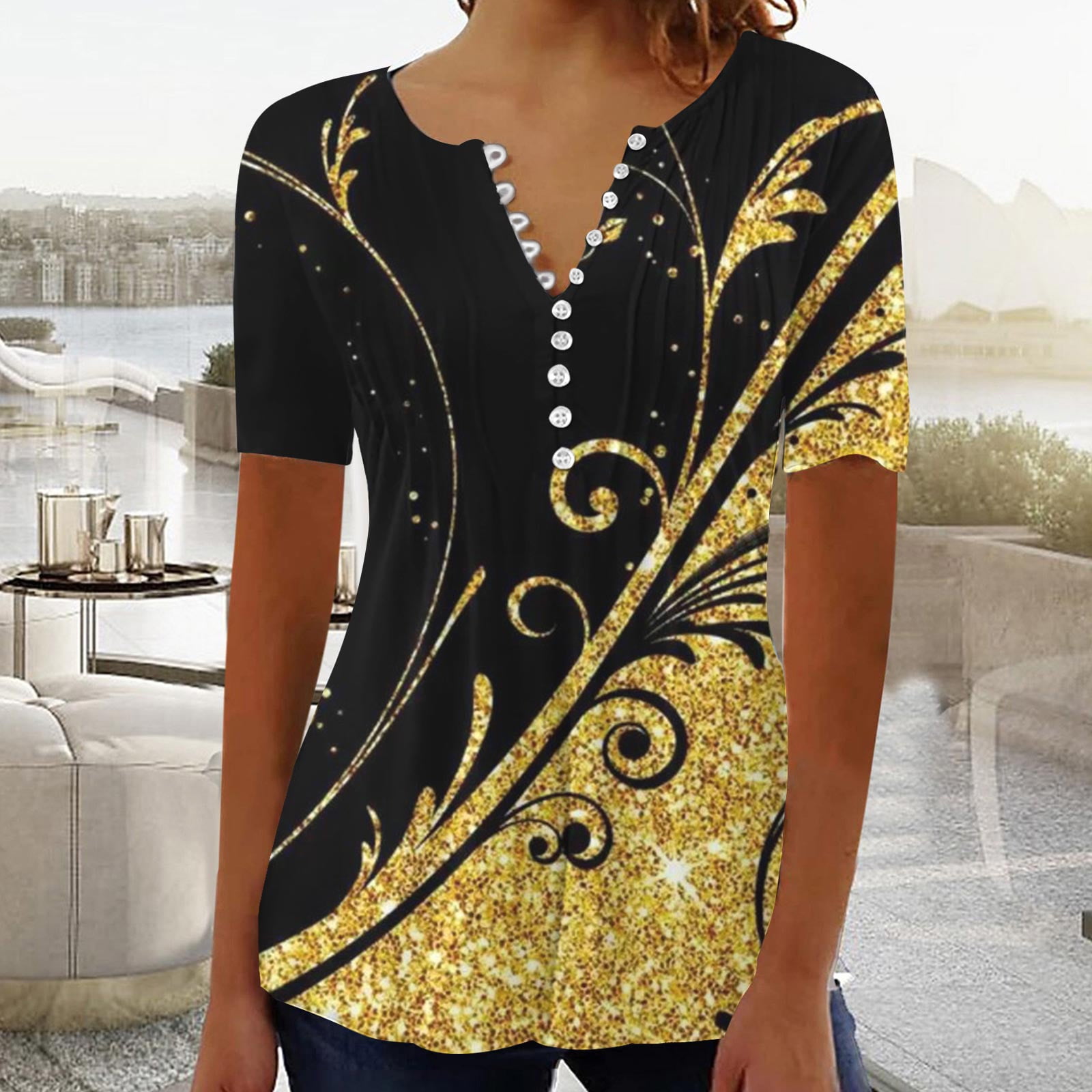 AOOCHASLIY Fashion Women T-shirts Summer Fold Printed Regular Women ...