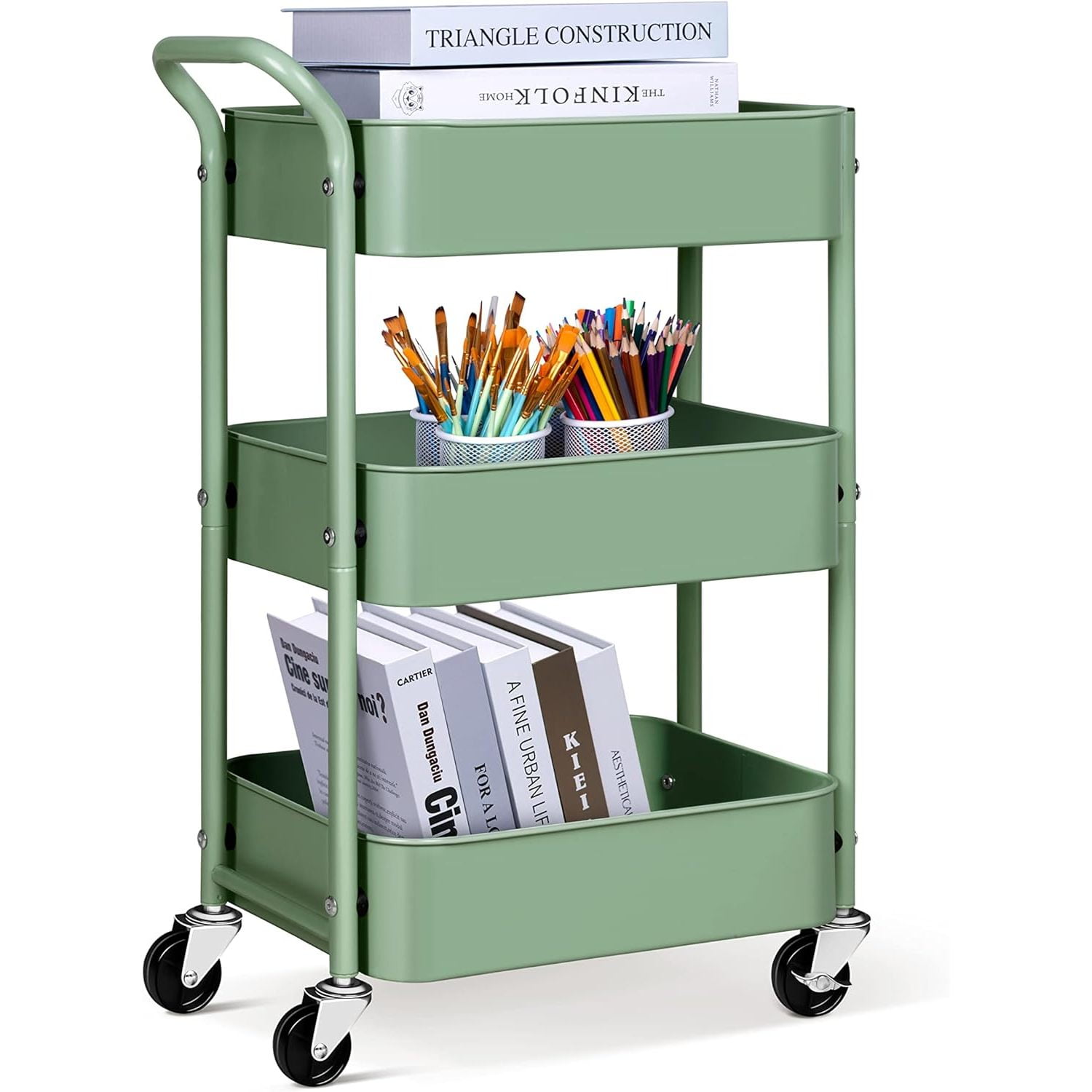 AOODA 3 Tier Under Desk Rolling Cart with Handle and Lockable Wheels ...